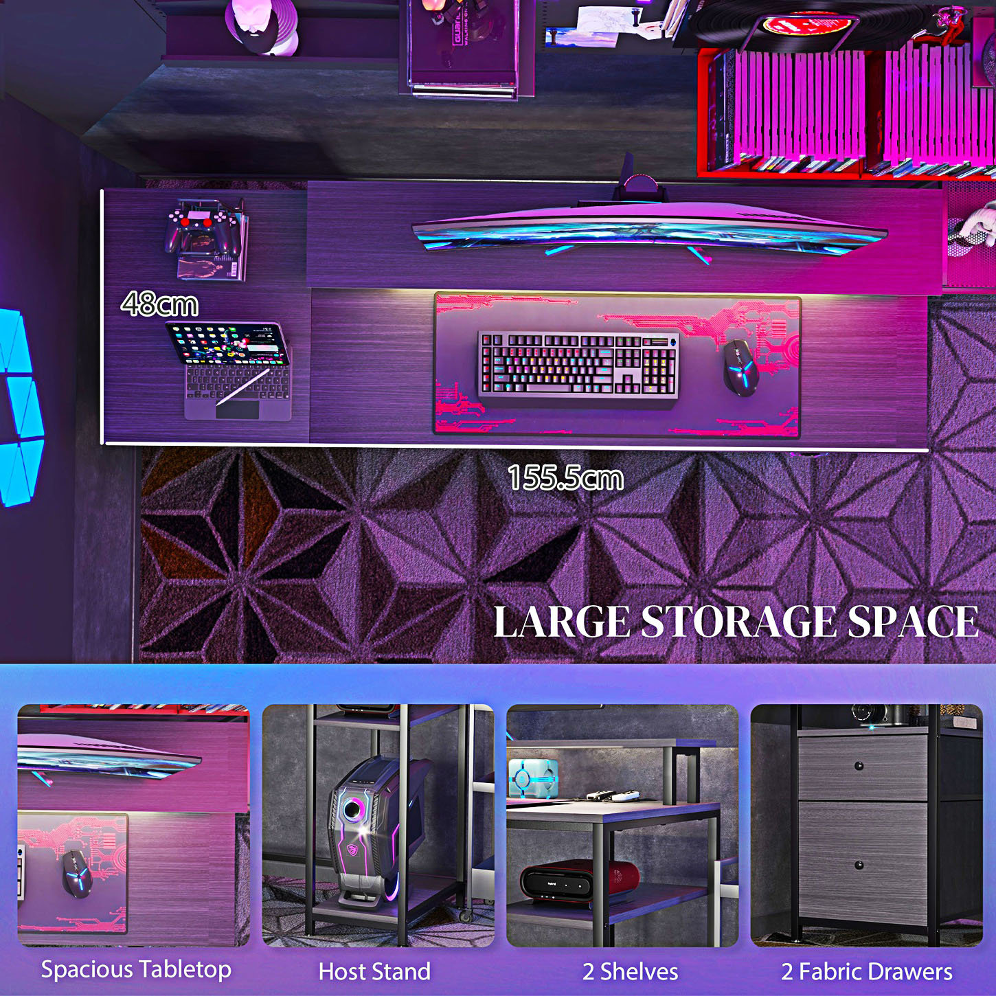 17 Stories Computer Desk With Led Lights, Power Outlets And Usb Ports ...