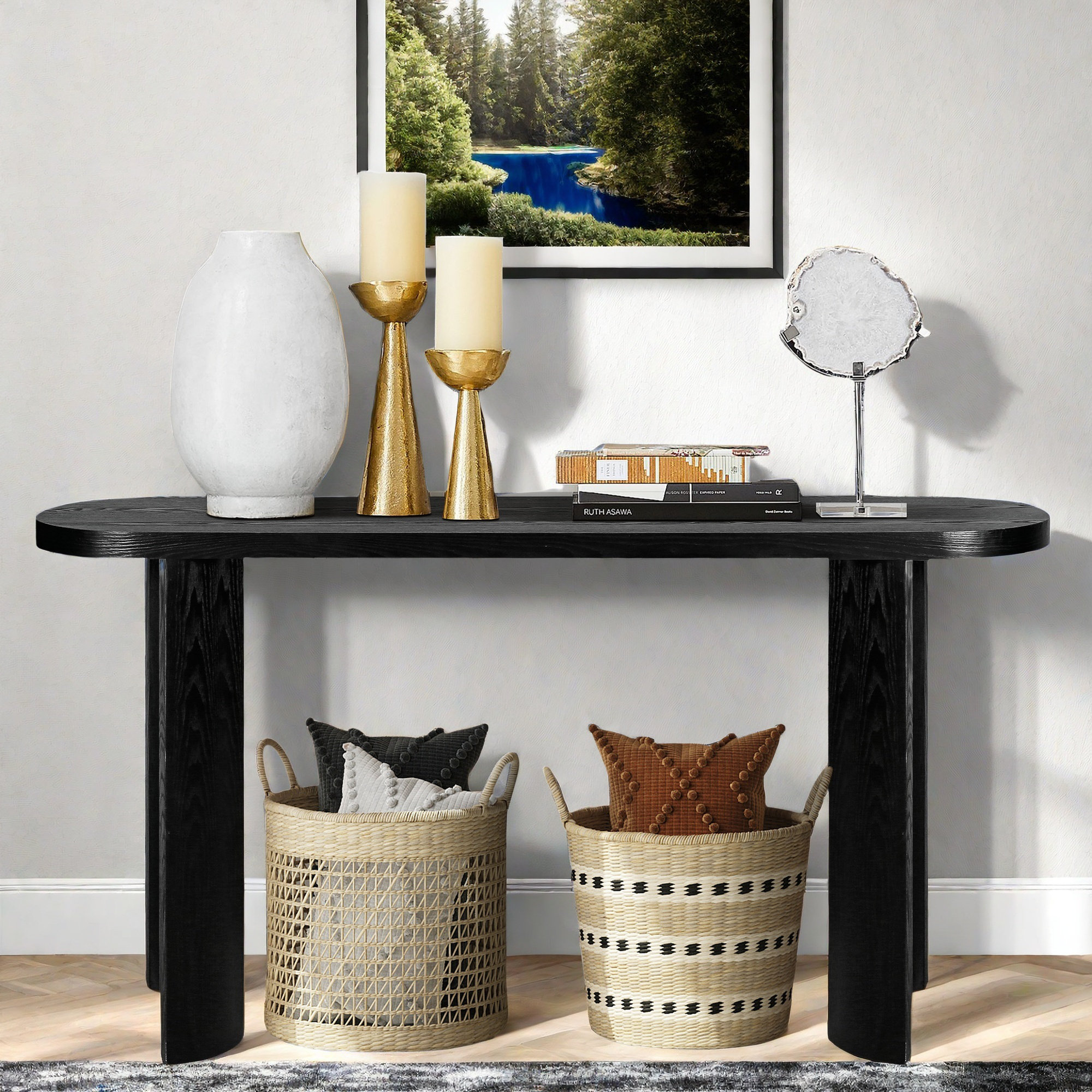 Latitude Run® Akaal Table 60'' Thick Top Console Table With Curved Legs ...