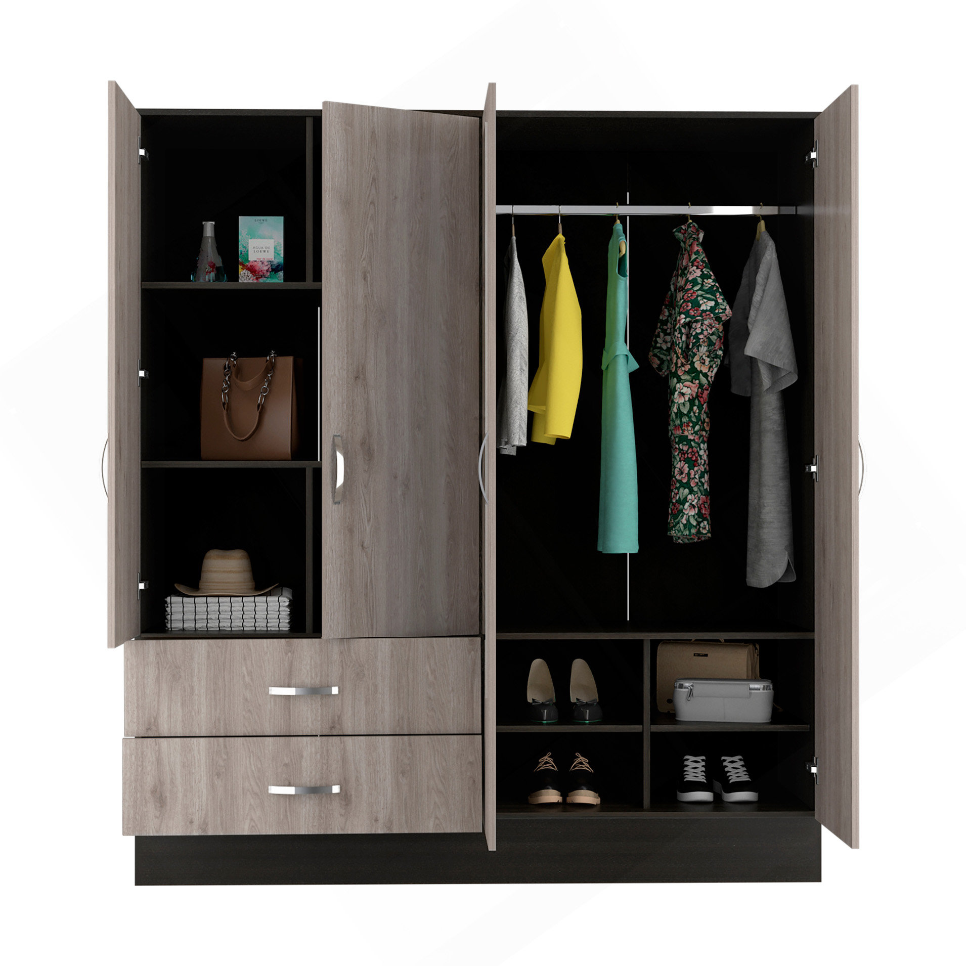 Hokku Designs Gangi 160 Armoire, 4-Door Wardrobe , Two Mirrors, Metal ...