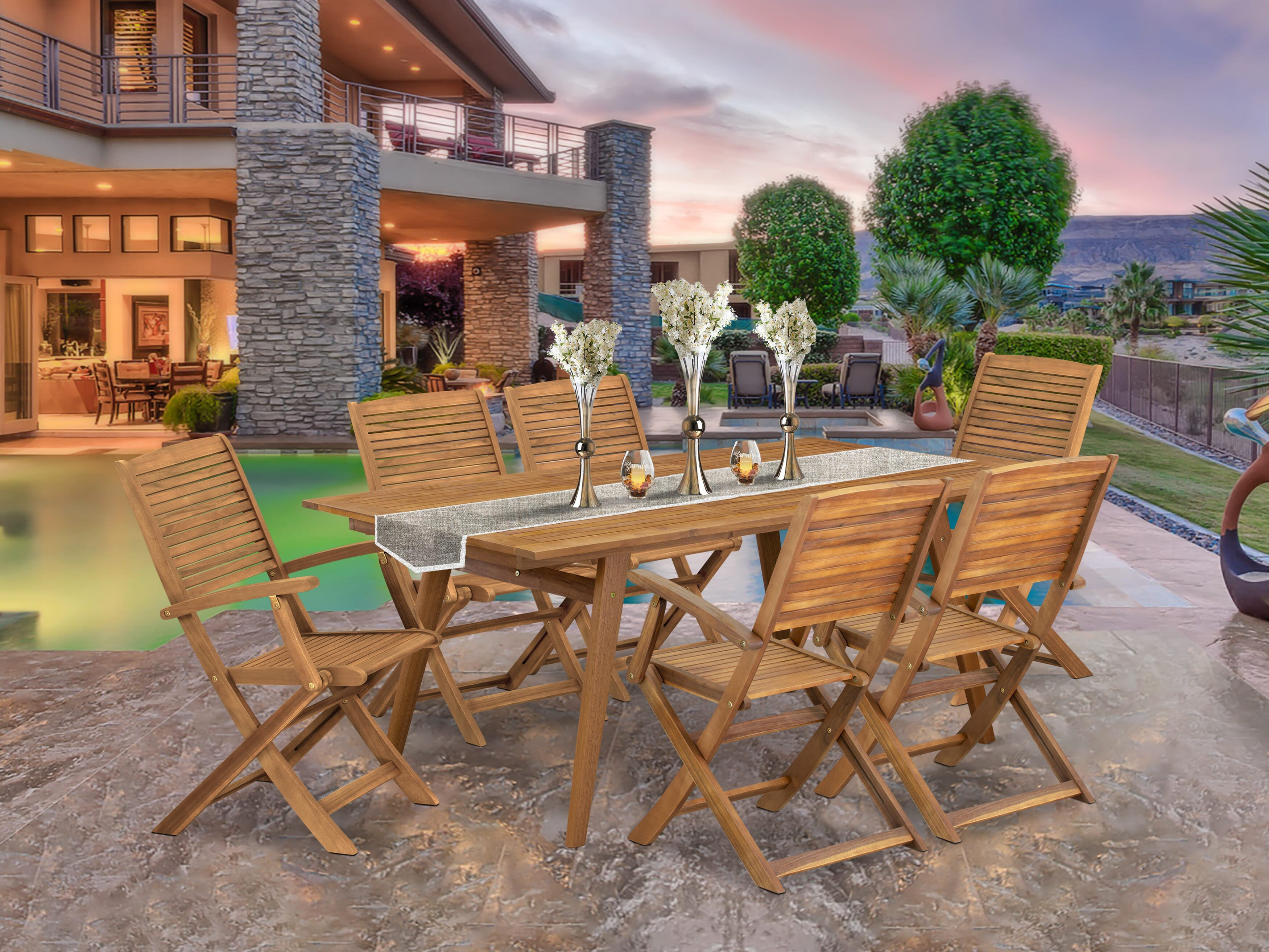Winston Porter 7 Piece Patio Dining Set Includes a Rectangle Acacia ...
