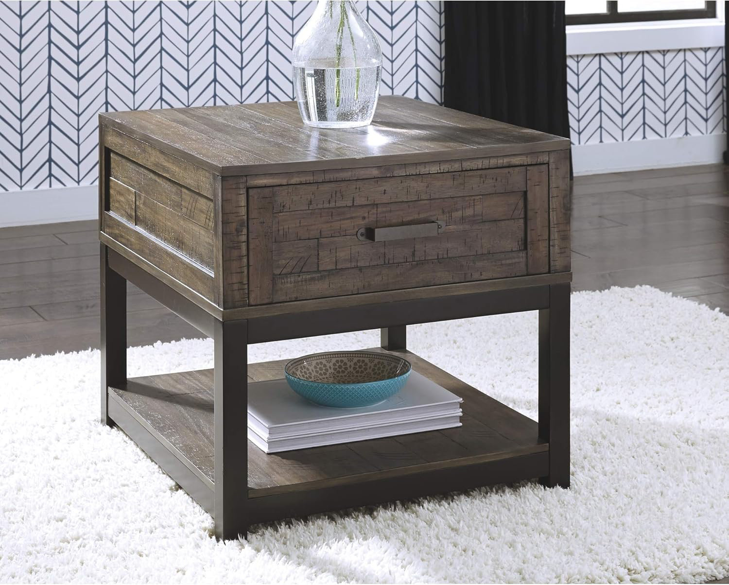 One Allium Way Rustic Square End Table With Drawer And Fixed Shelf ...