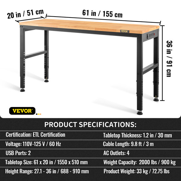 VEVOR 61" W Adjustable Height Wood Top Workbench & Reviews | Wayfair
