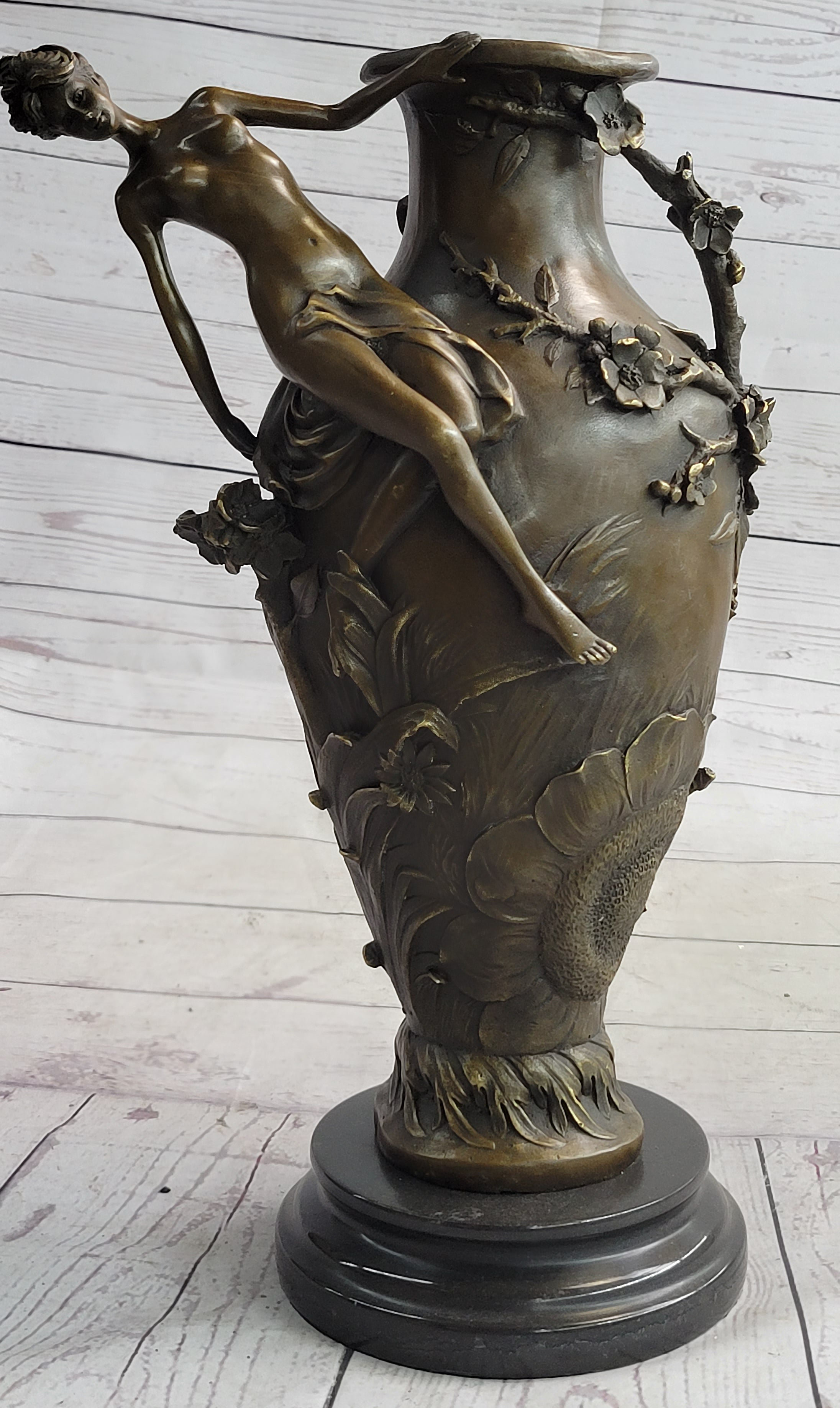 Fleur De Lis Living Floral Bronze Metal Vase With Female Nymph Nude ...