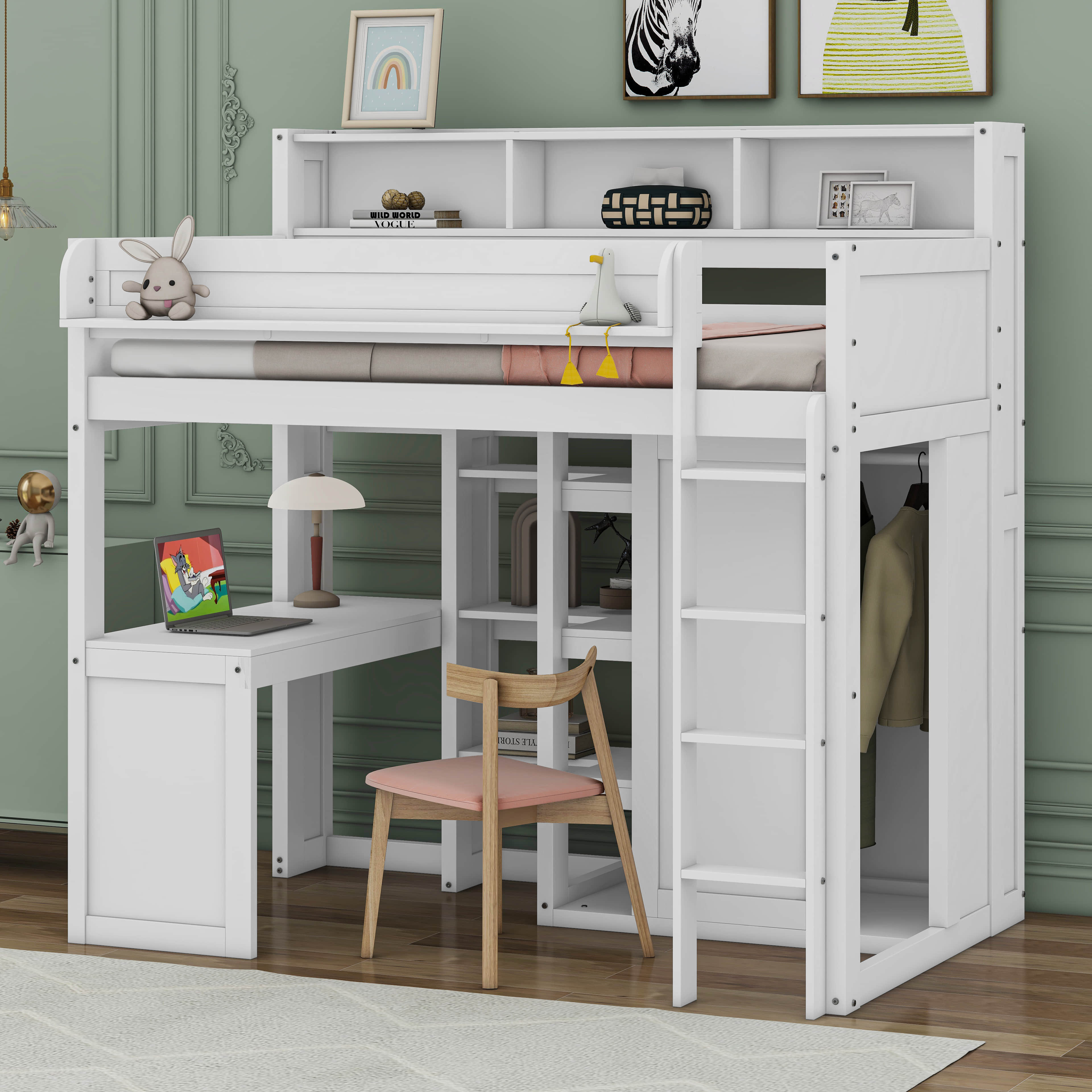 Cosmic Wood Twin Size Loft Bed with Multiple Storage Shelves and ...