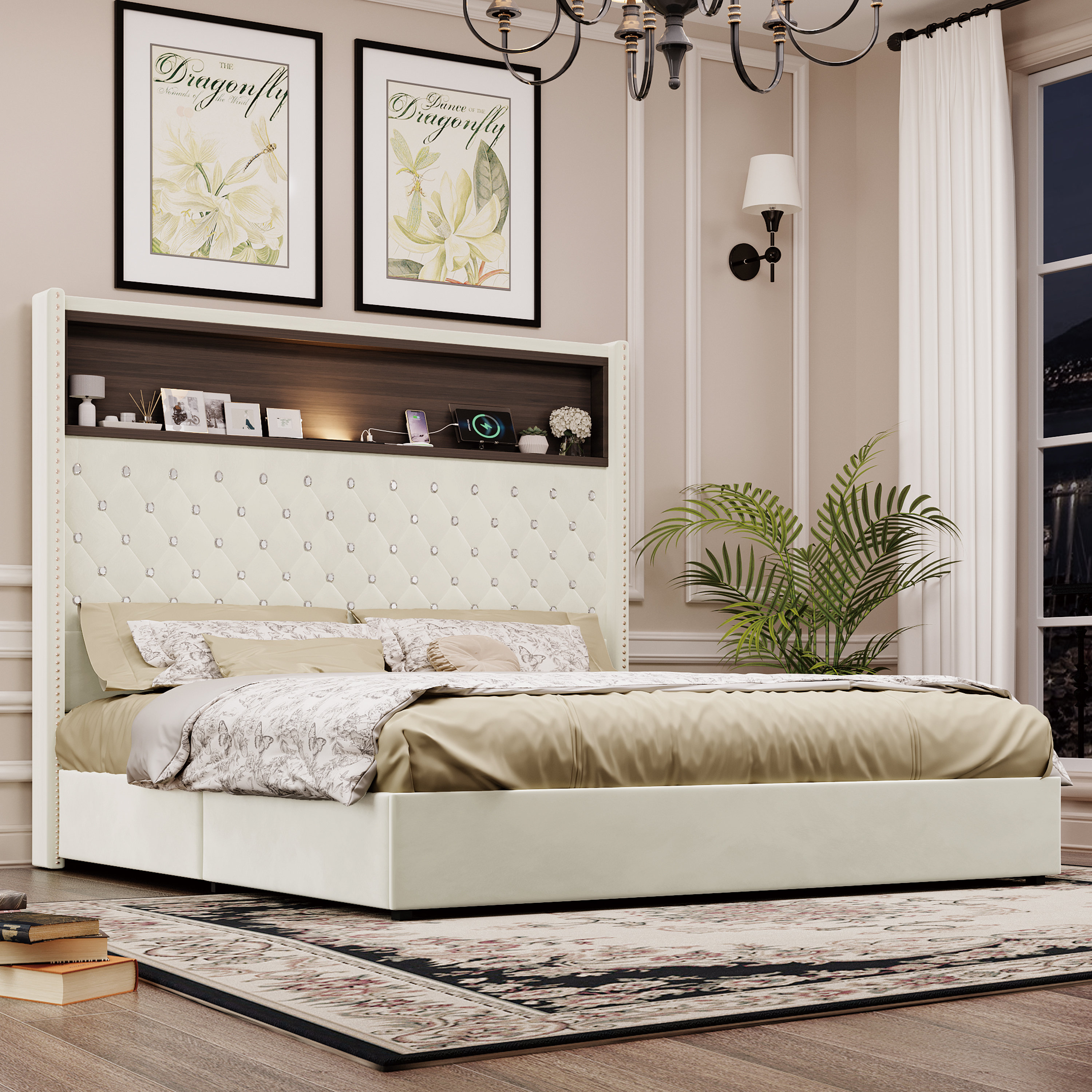 Mercer41 Velvet Tufted Soft Bed Frame With USB Port And Night Light ...