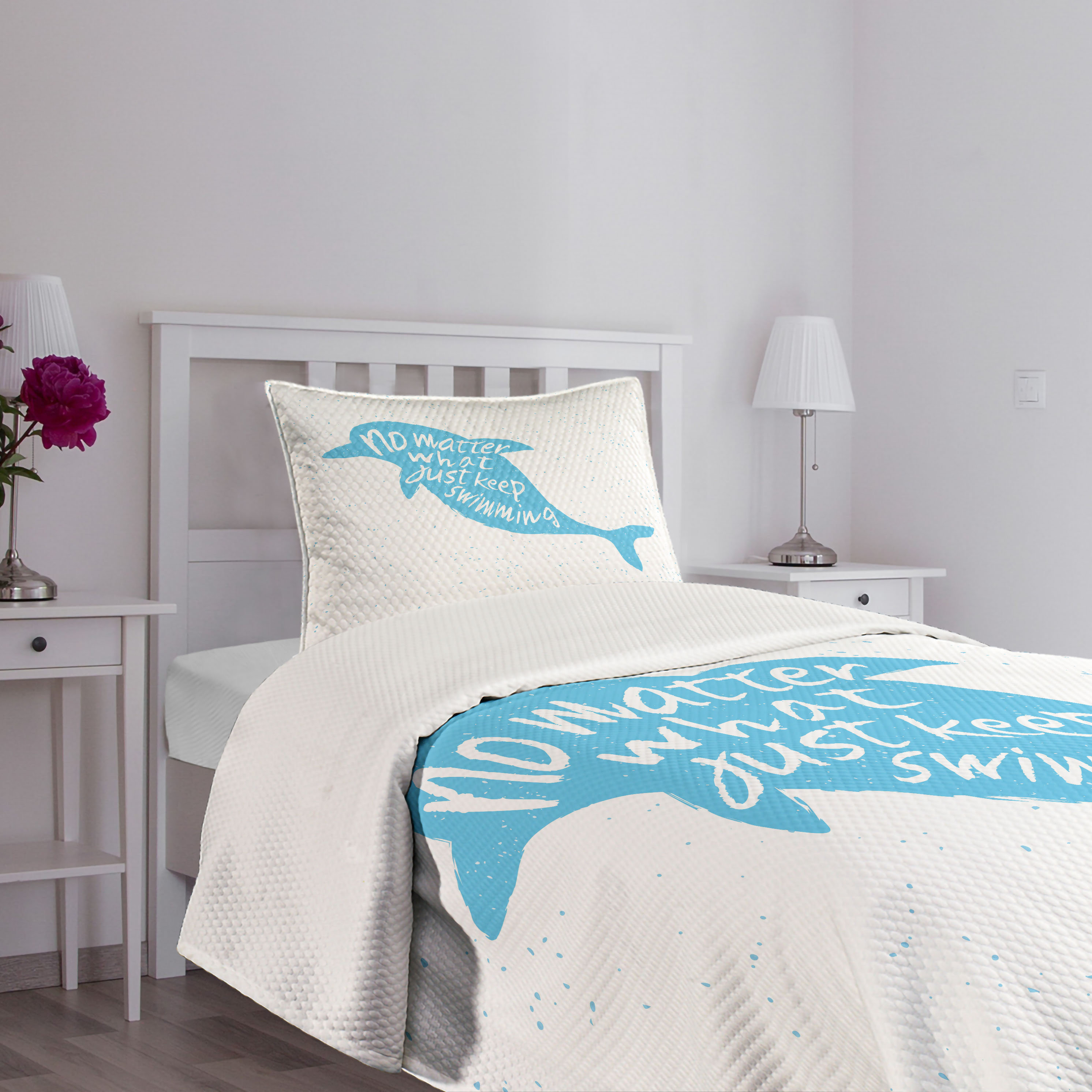 Ambesonne Dolphin Bedspread Hand Drawn Sea Mammal Sky Blue White | Wayfair