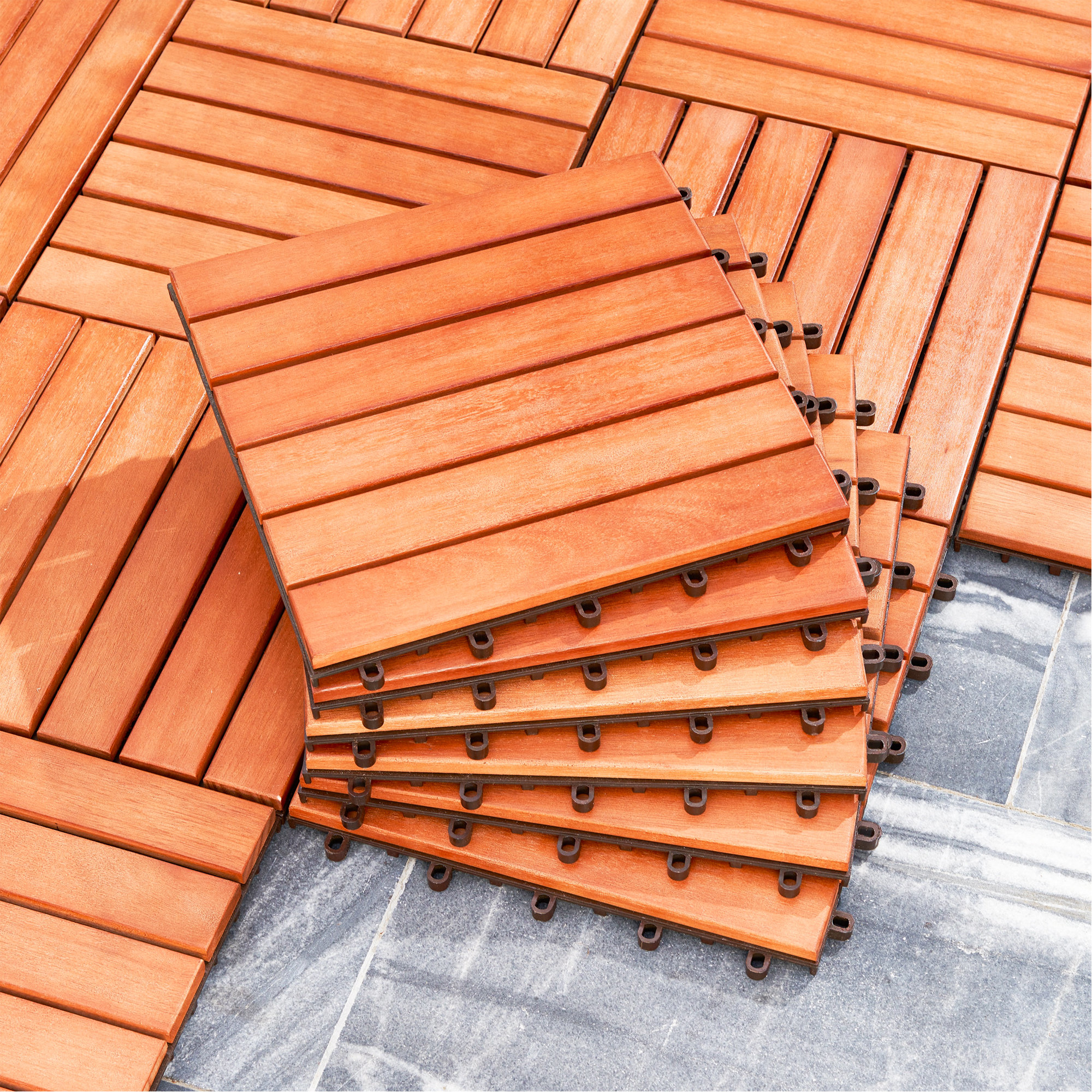 Alxfarton 6-Slat Reddish Brown Wood Interlocking Deck Tile (Set Of 10 ...
