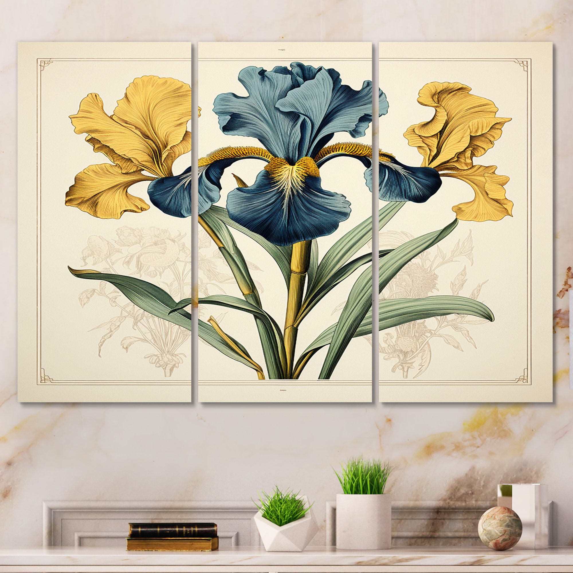 Design Art Vintage Illustration Yellow Blue Irises - Irises Wall Decor ...