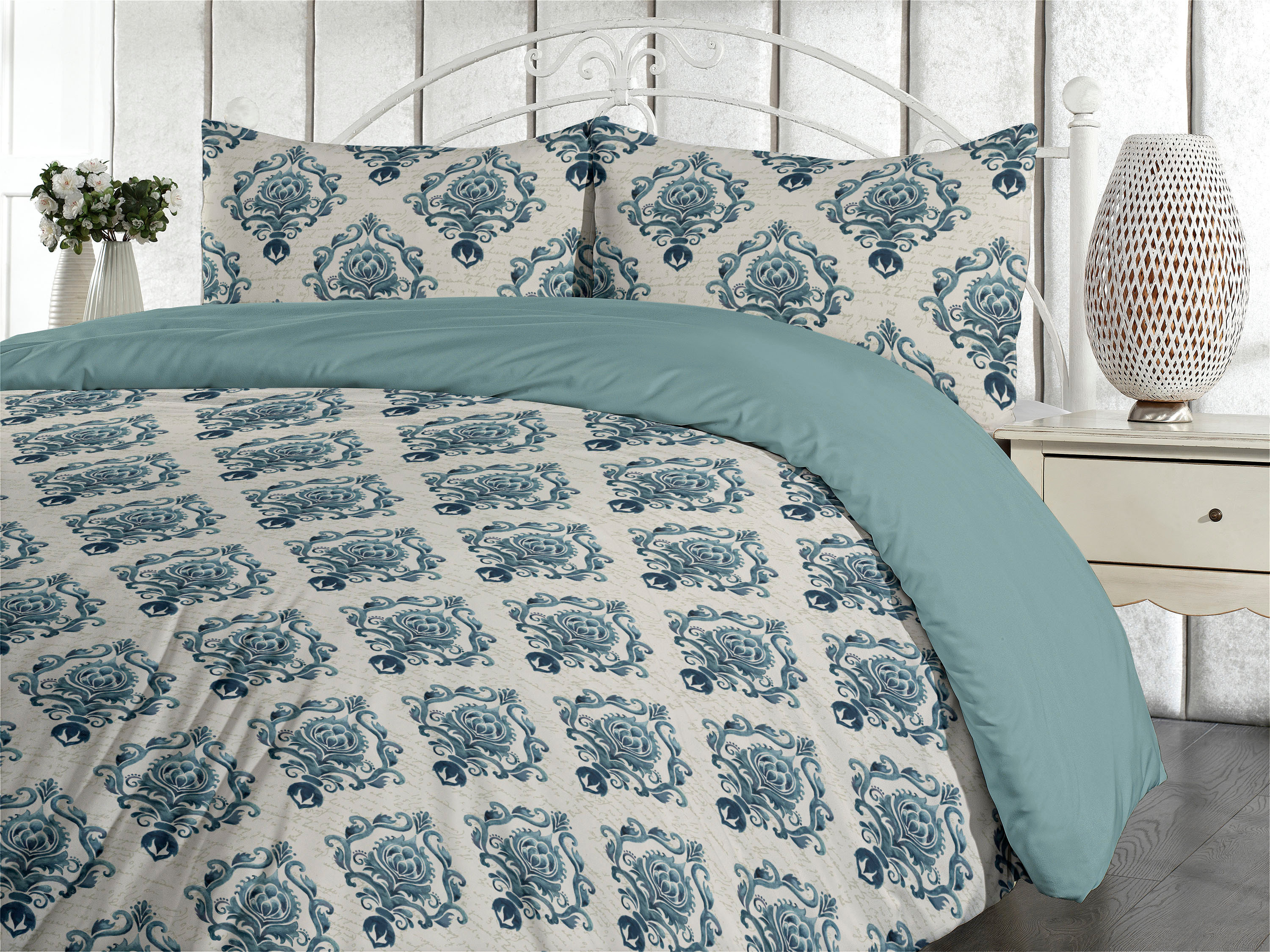 Ambesonne Damask Duvet Cover Set Nostalgic Baroque Blooms Tan Petrol ...