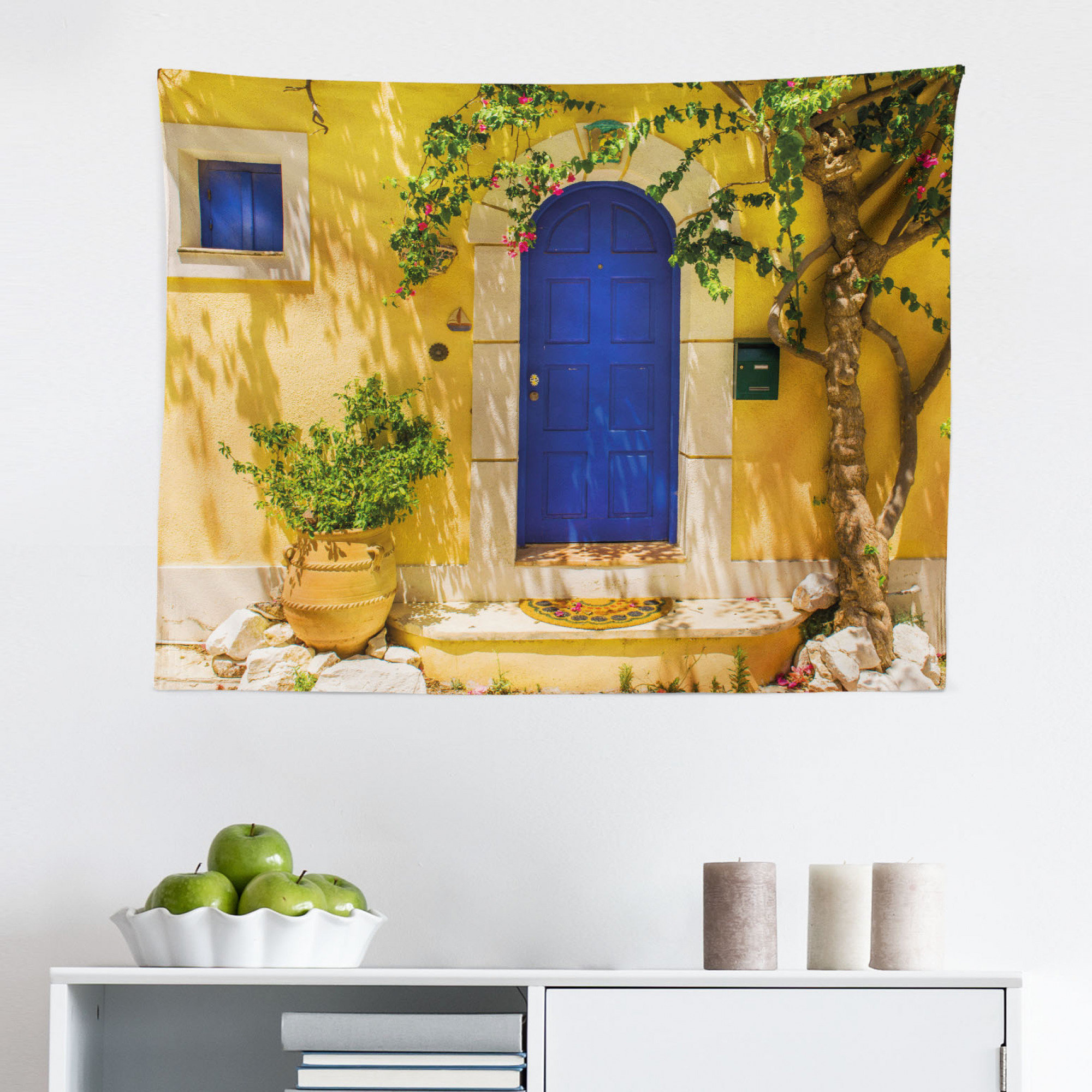 East Urban Home Yellow And Blue Tapestry, Traditional Greek House Door ...