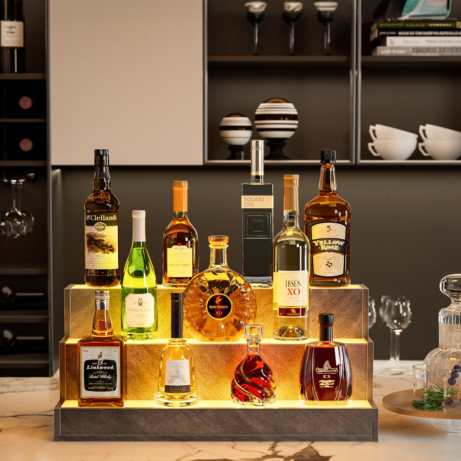 Ivy Bronx LED Lighted Liquor Bottle Display Shelf, Bar Display Shelf ...