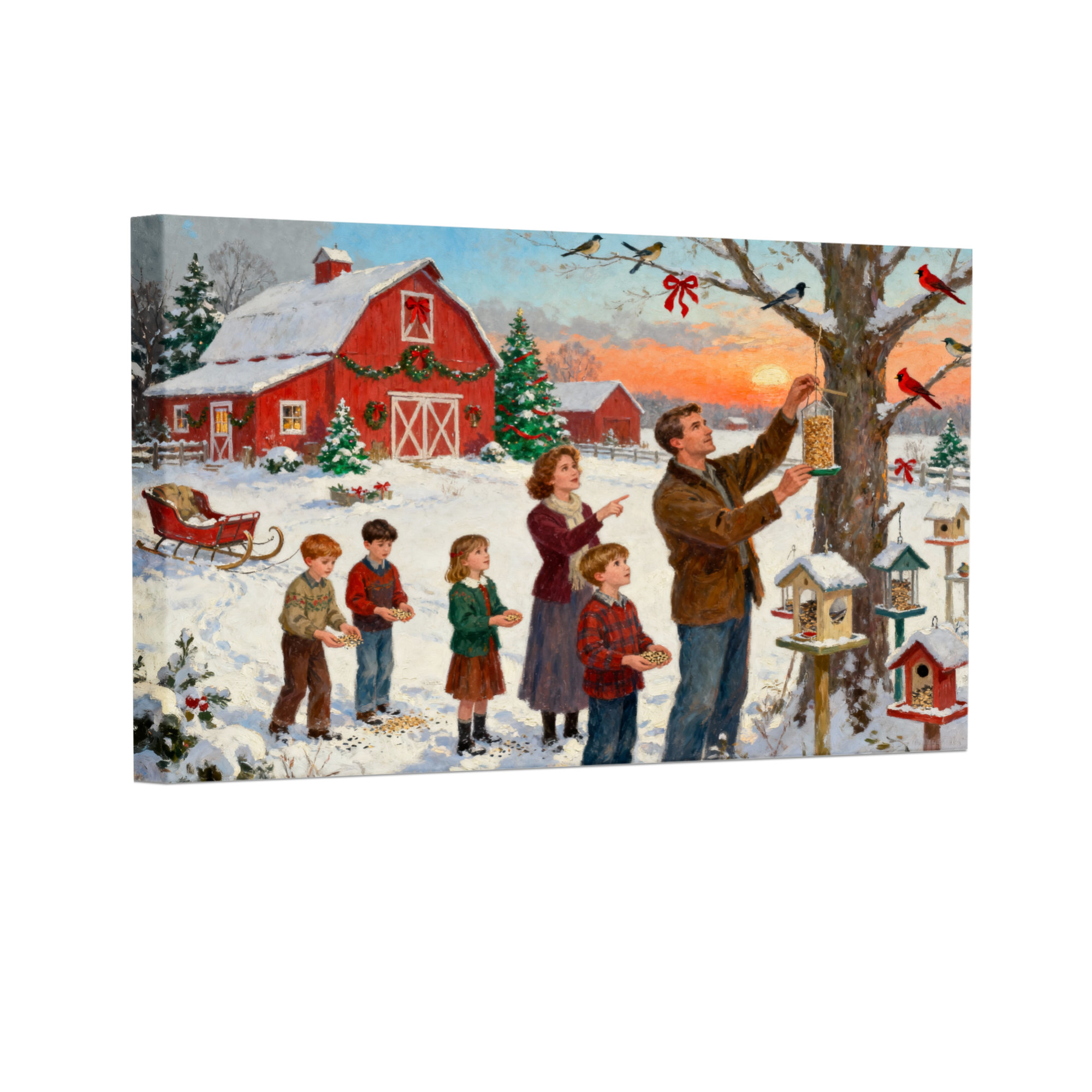 Ophelia & Co. Christmas Winter Family Feeding Birds At Barn Set of 3 ...