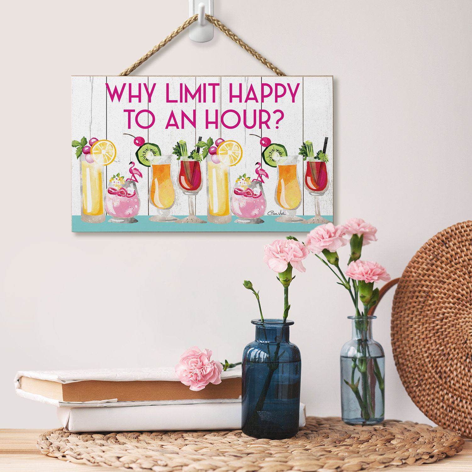 Trinx Why Limit Happy Hour Hanging Wood Wall Sign | Wayfair