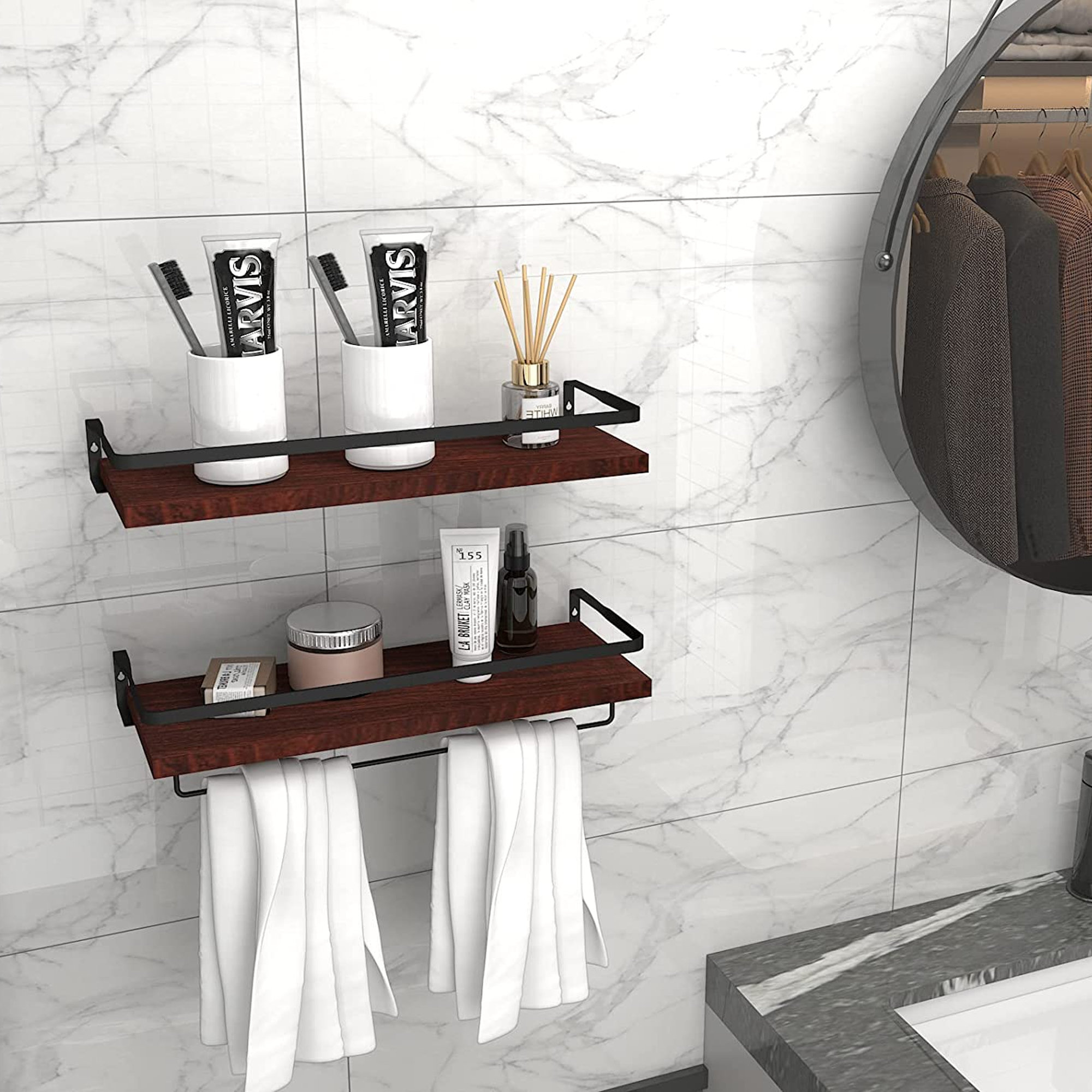 Ebern Designs Patron 2 Piece Solid Wood Floating Shelf with Towel Bar ...