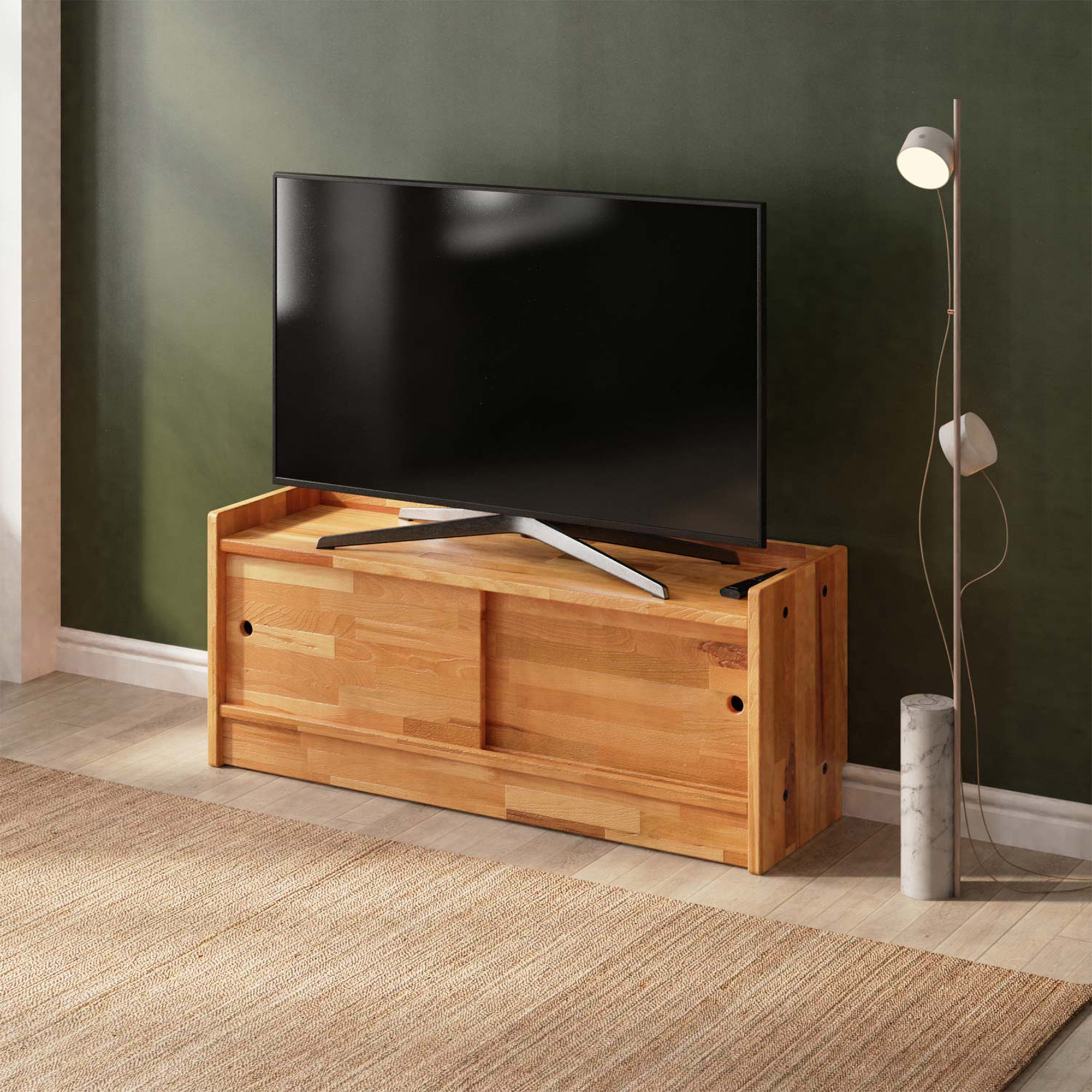 Demontha Solid Wood Low TV Stand with Sliding Doors – Modern Storage ...