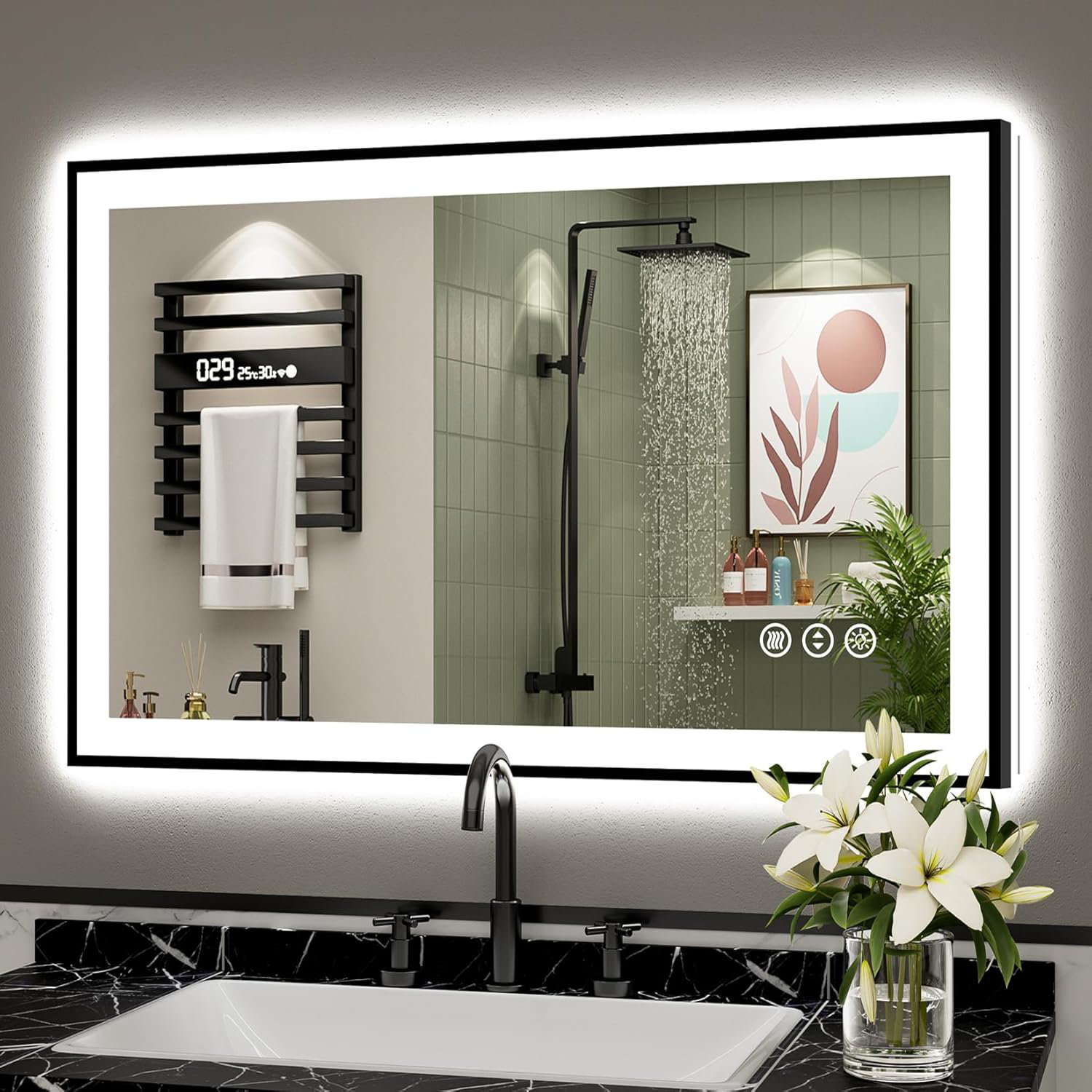 Ivy Bronx Smart Matte Black Mirror with Dual-Sided Lighting Anti-Fog ...