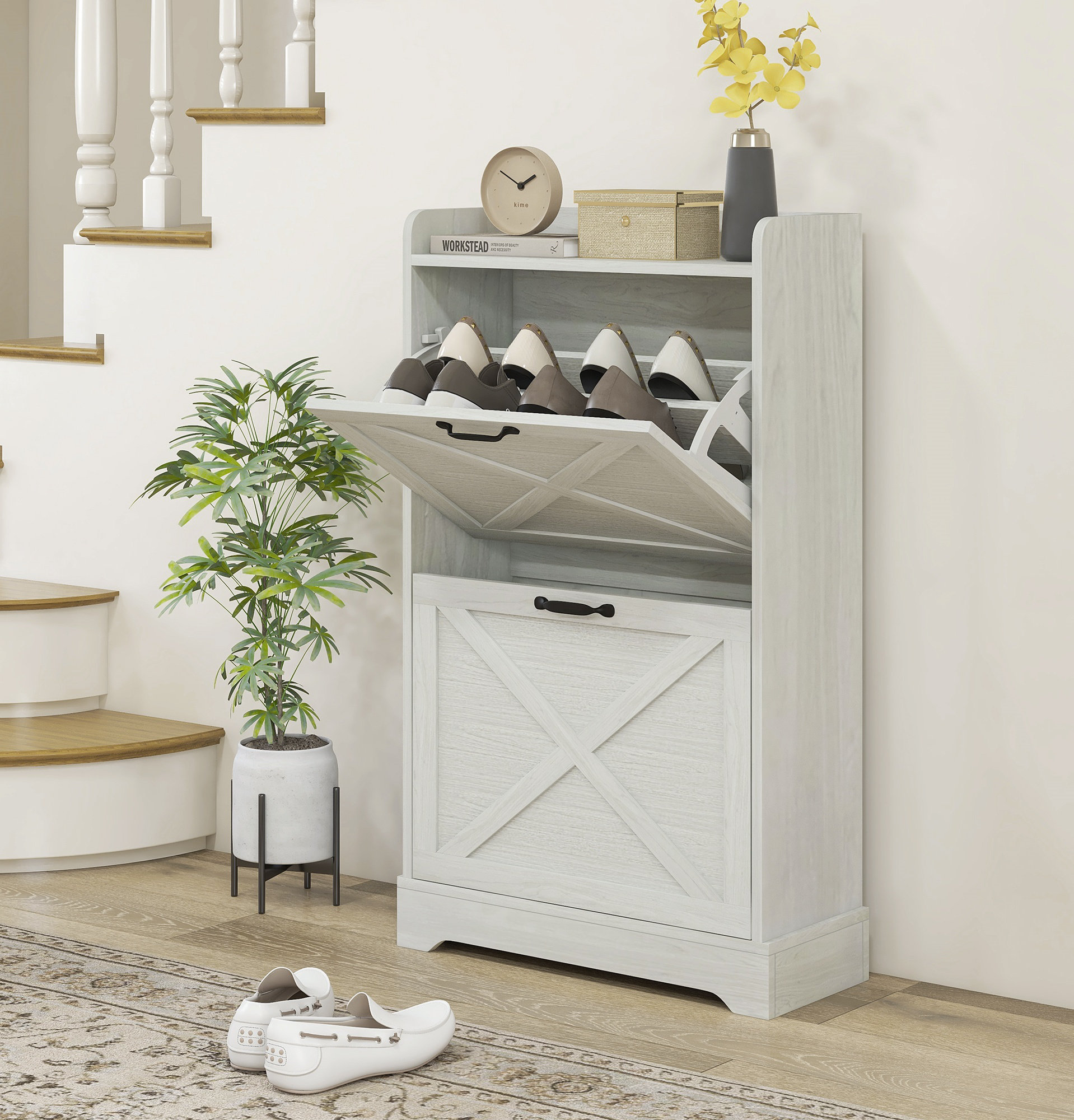 Longshore Tides HOMCOM Slim Shoe Cabinet for Entryway, Farmhouse Hidden ...