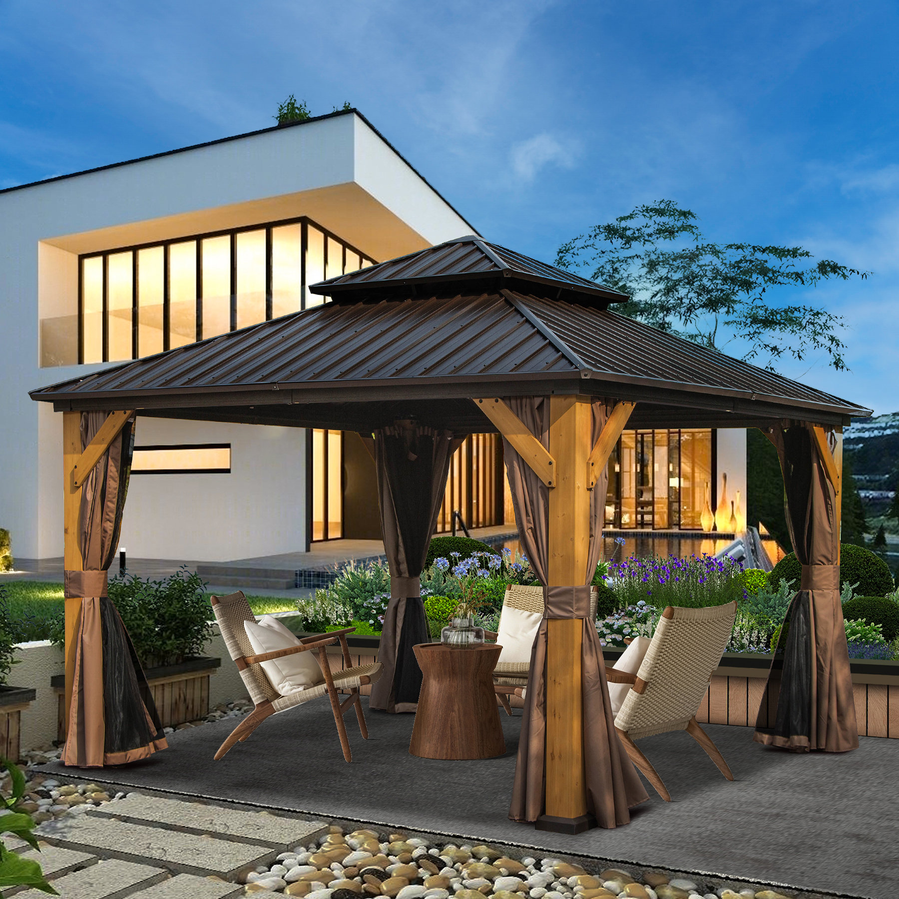 Domi Louvered Solid Wood Post Patio Gazebo with Metal Frame & Reviews ...