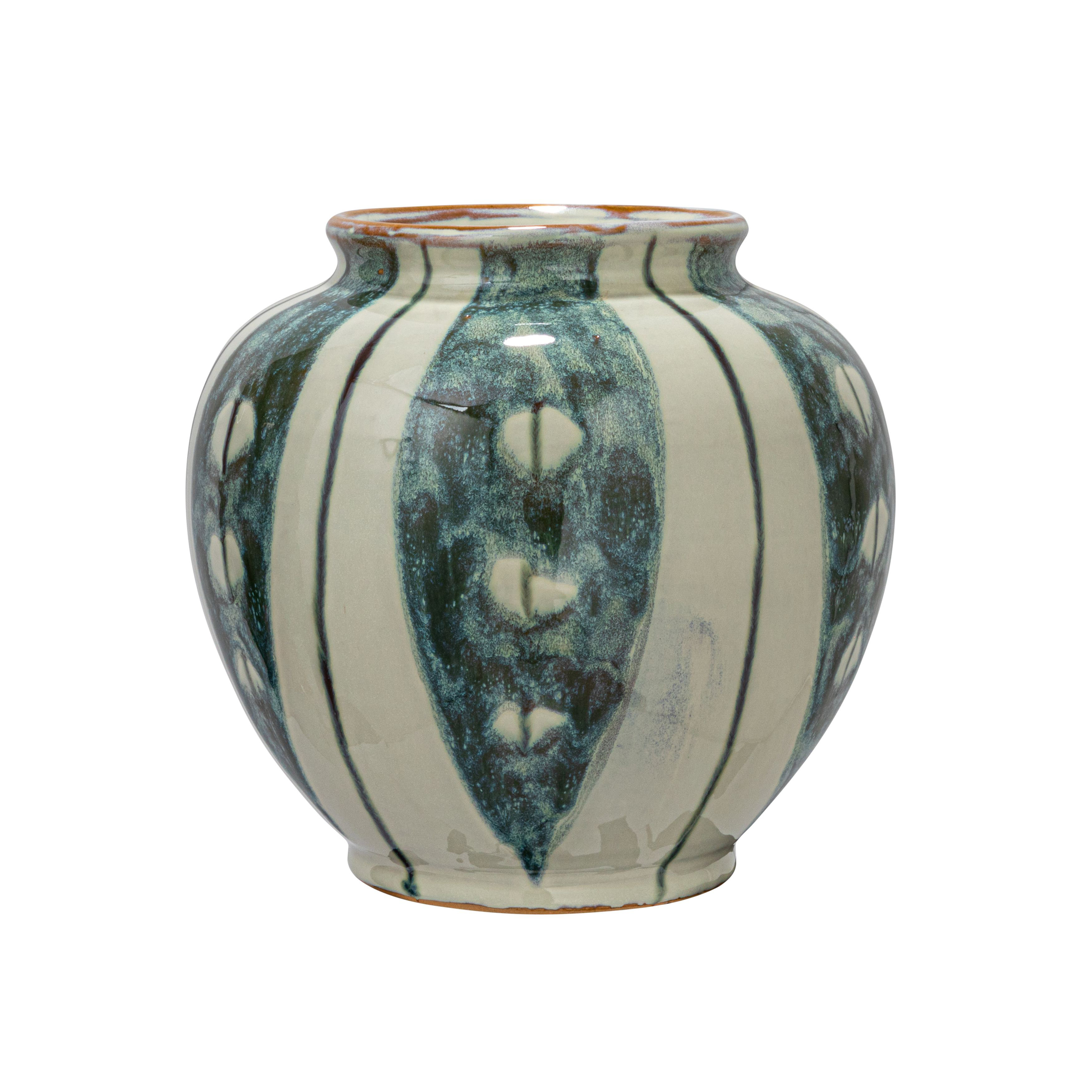 Union Rustic Round Hand-Painted Stoneware Vase With Stripes And ...