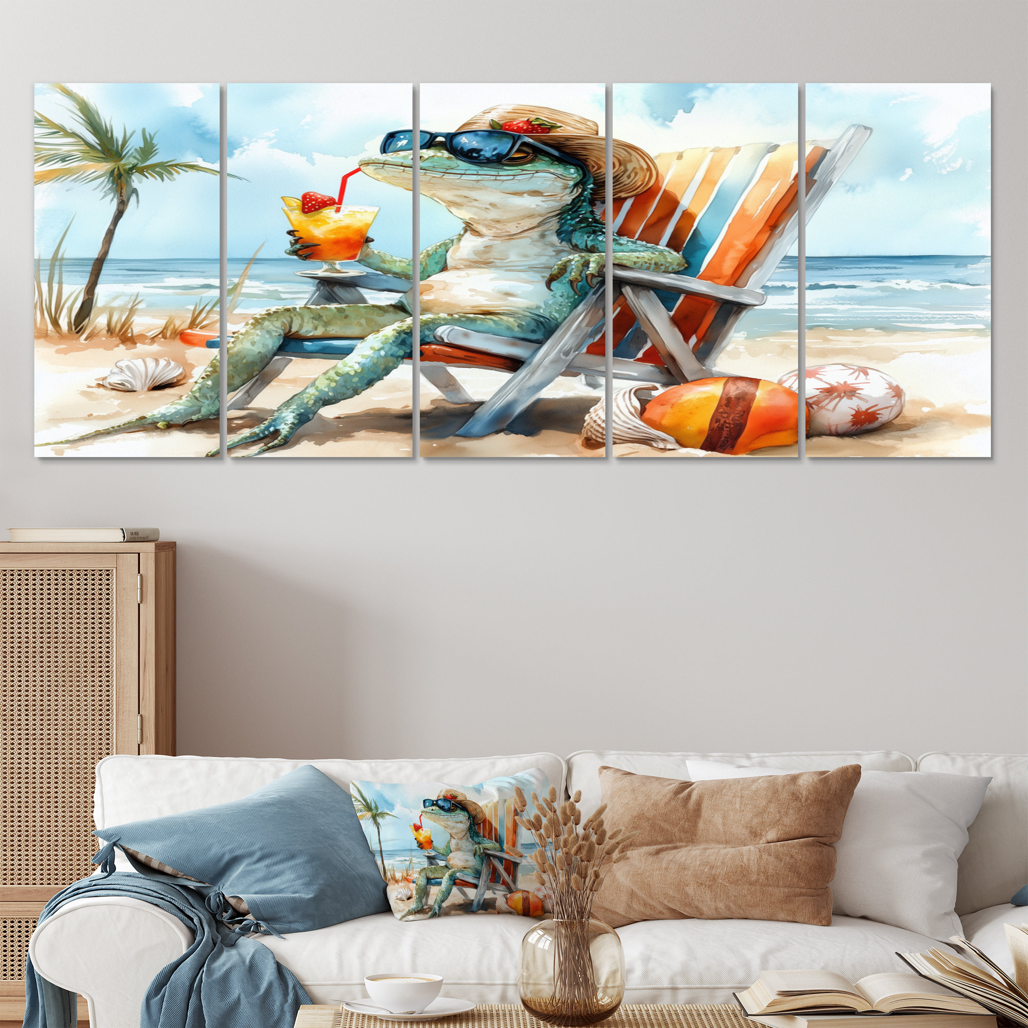Design Art Lizard On A Beach Lounging Chair - Coastal Animal Wall Art ...