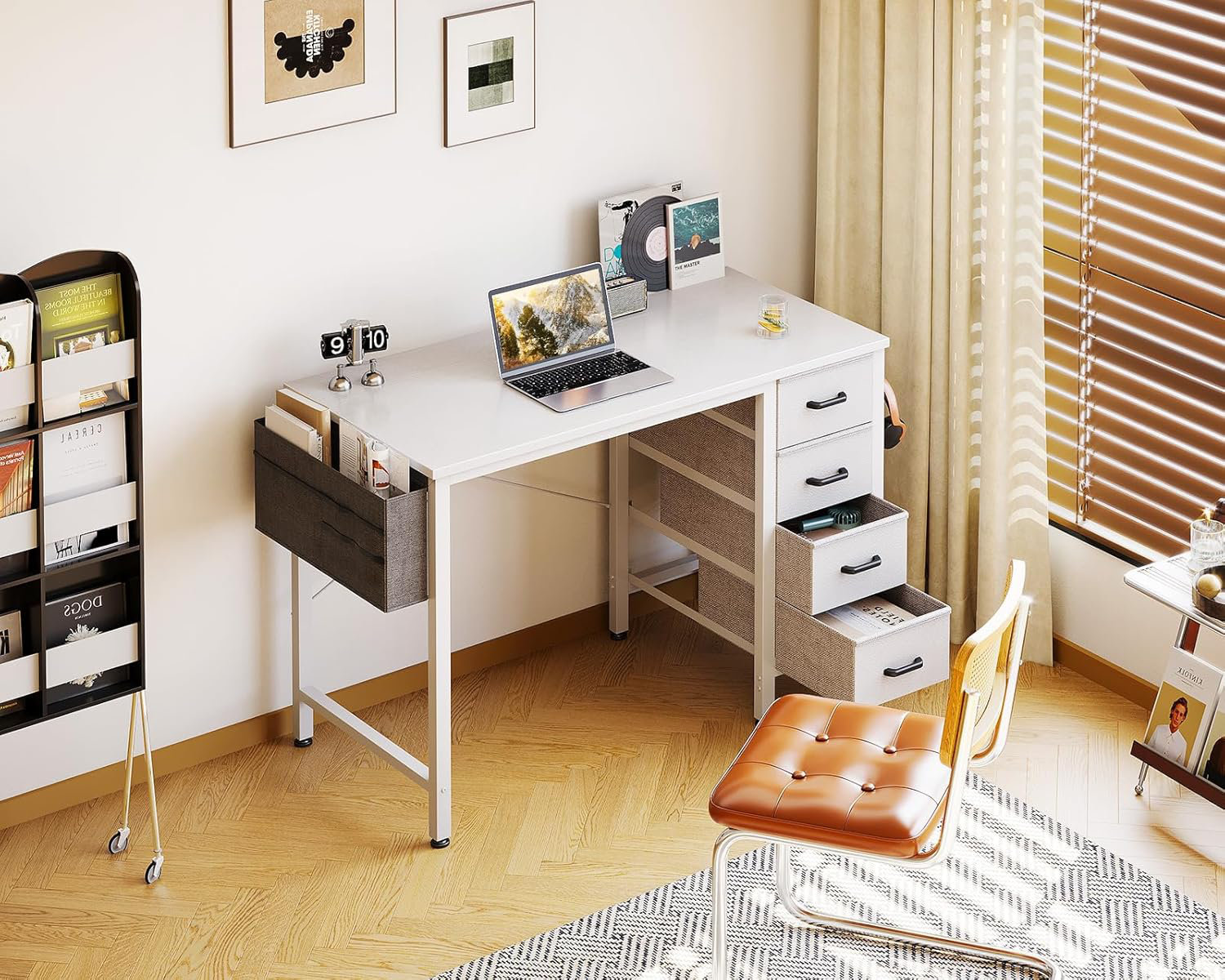 Latitude Run® 32 Inch Small Computer Desk With 4 Fabric Drawers, Side ...