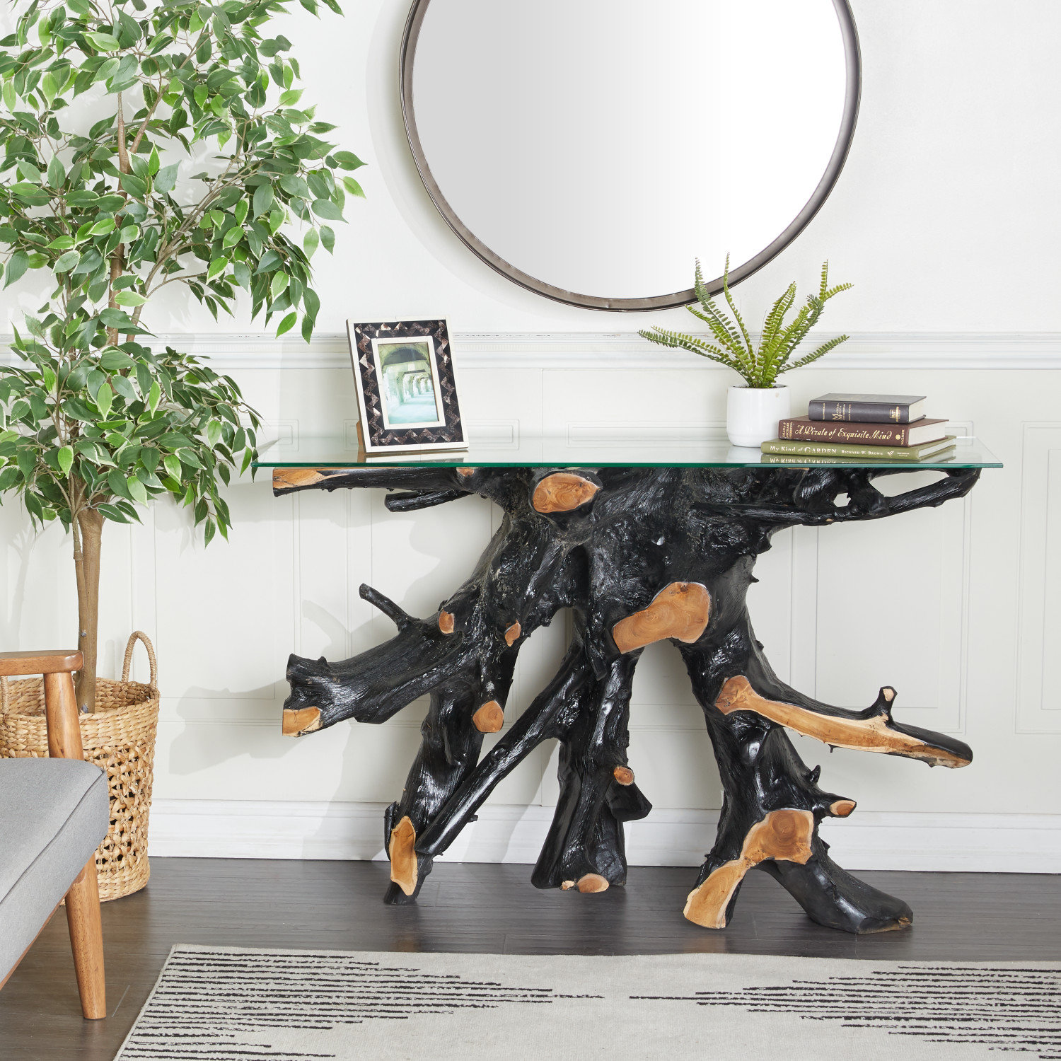 Loon Peak Rocton Black Teak Wood Live Edge Tree Stump Console Table ...