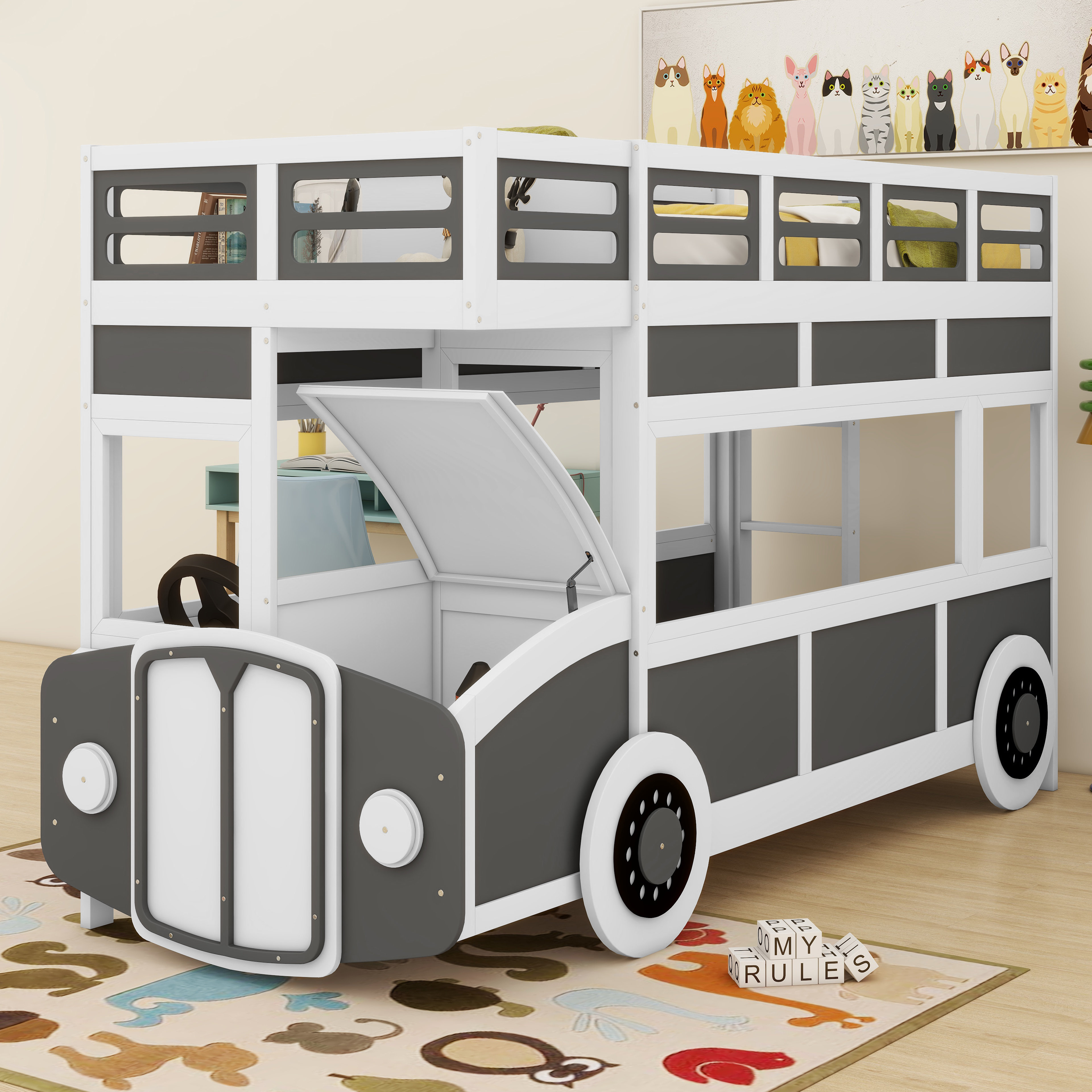 Zoomie Kids Alyxzander Twin Over Twin Bus-Shaped Bunk Bed With Wheels ...