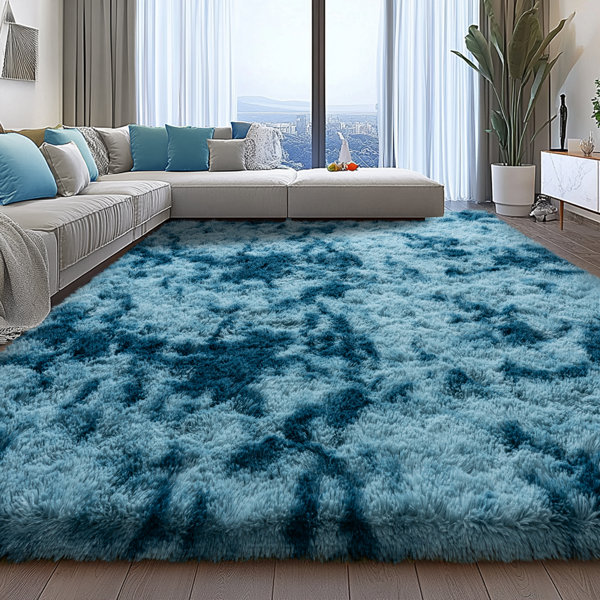 Mercer41 Solid Rug Soft Fluffy Tie-dye Peacock Blue Indoor Area Rug for ...