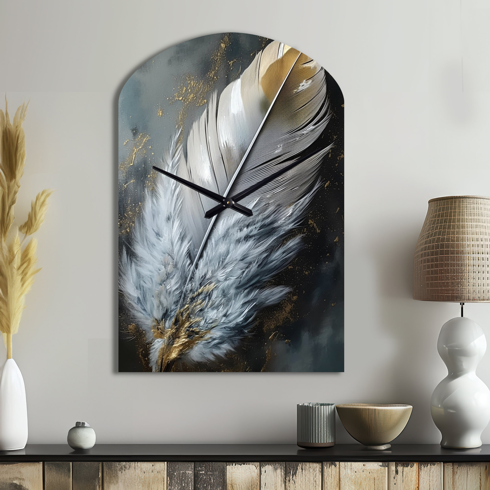 Design Art Gold Boho Chic Feathers V - Glam Feather Asymmetrical Metal ...