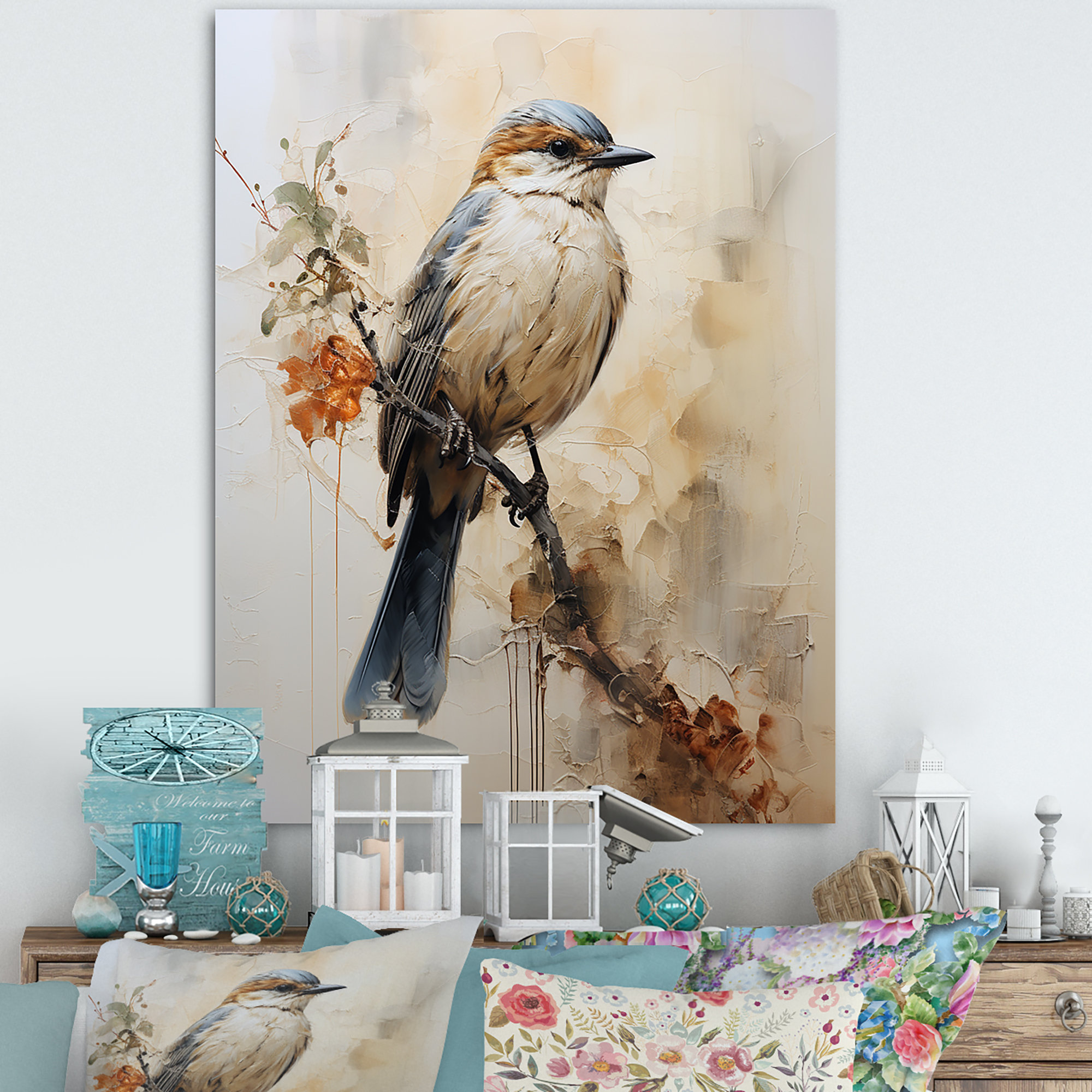 Design Art Minimalism Beige Bird On Branch I - Bird Canvas Print | Wayfair