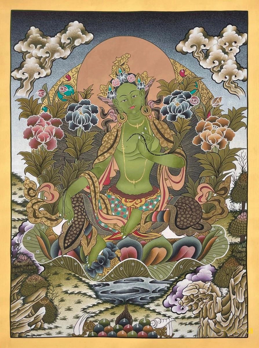 Exotic India Seated Green Tara Thangka (Brocadeless Thangka) | 24 Carat ...