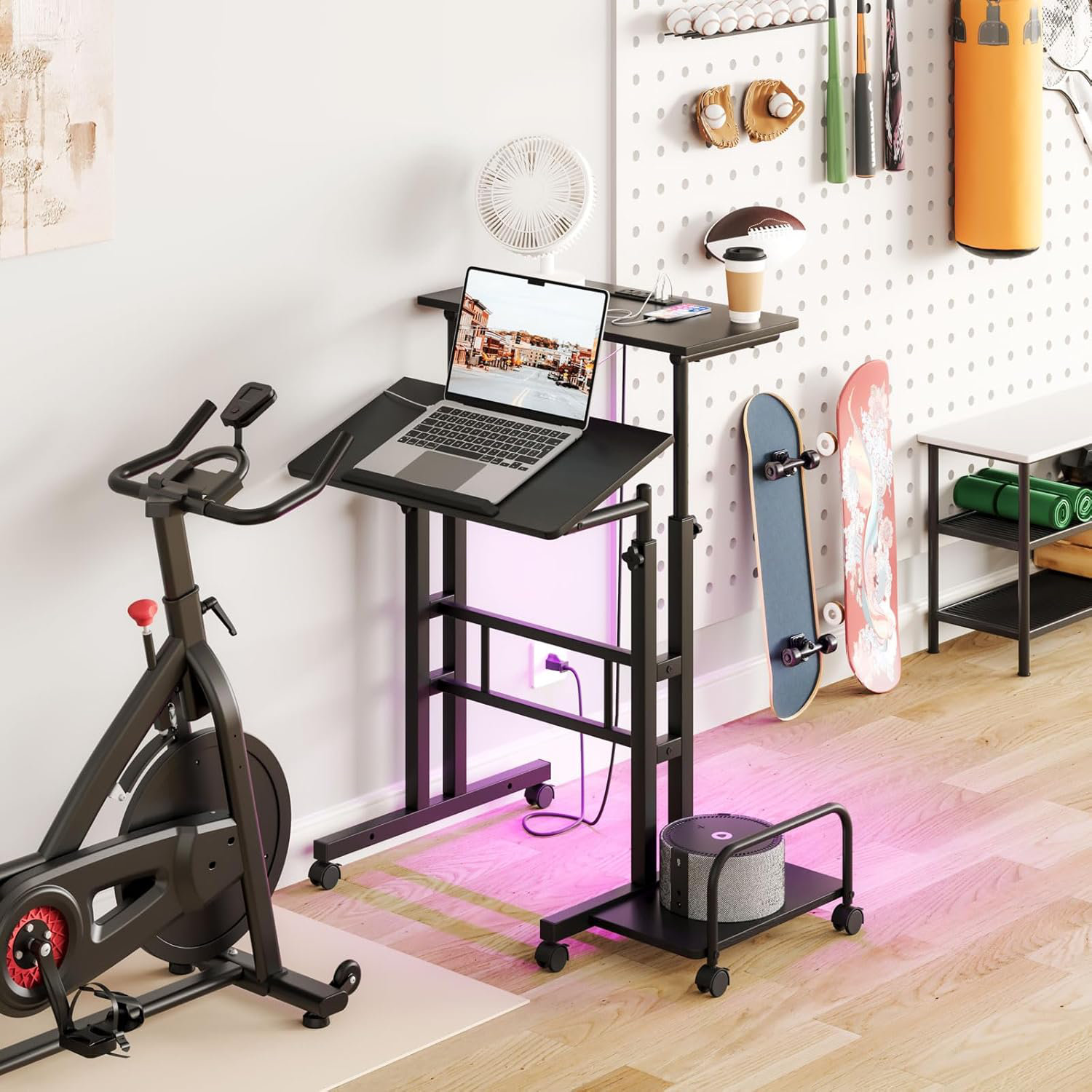 Inbox Zero Mobile Standing Desk With Power Outlets & Strip Lights ...