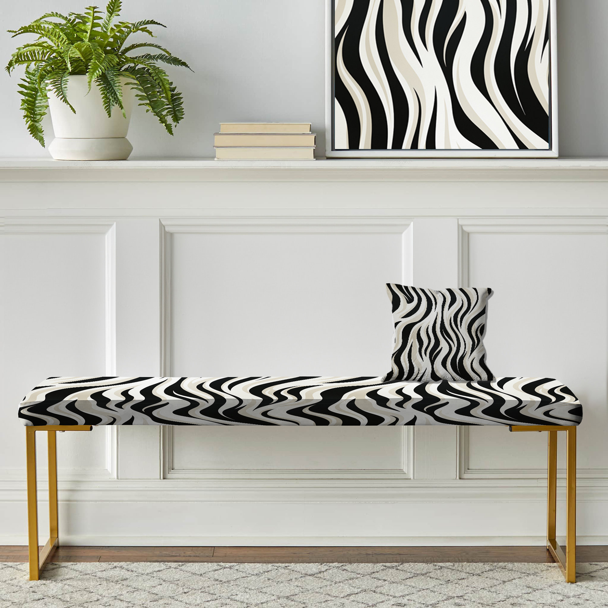 Design Art Black Zebra Print Wallpaper - Striped Upholstered Gold Bench ...