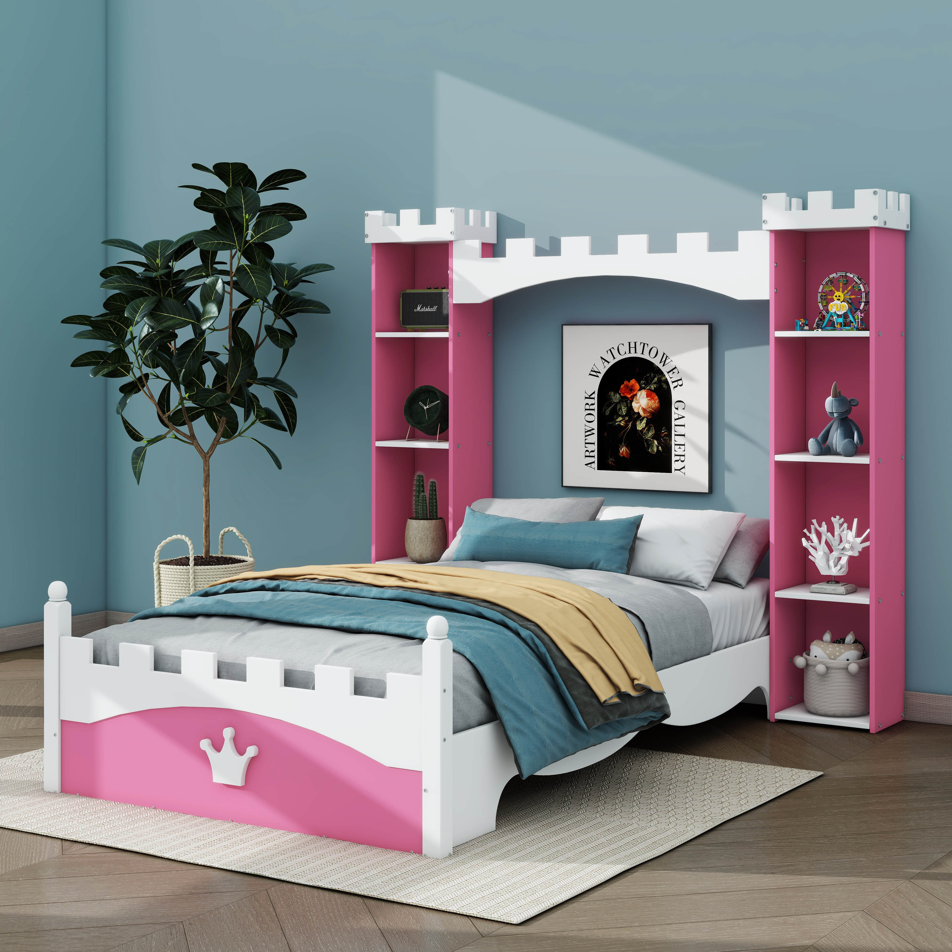 Gemma Violet Garold Castle-Shaped Wooden Bed With Storage Shelf ...