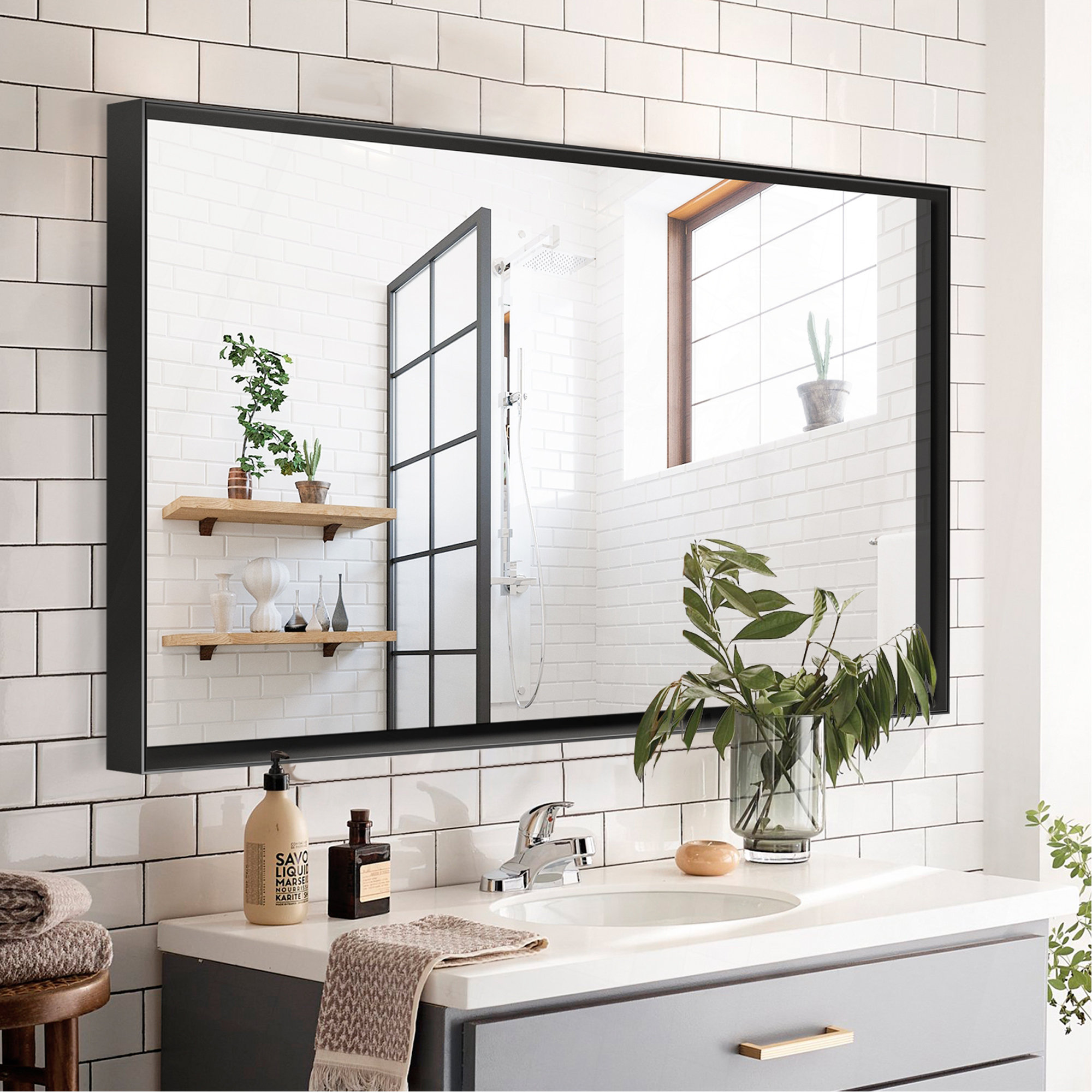 Ivy Bronx Glossy Black Bathroom Mirrors For Wall 48X30inch Wall Mounted ...