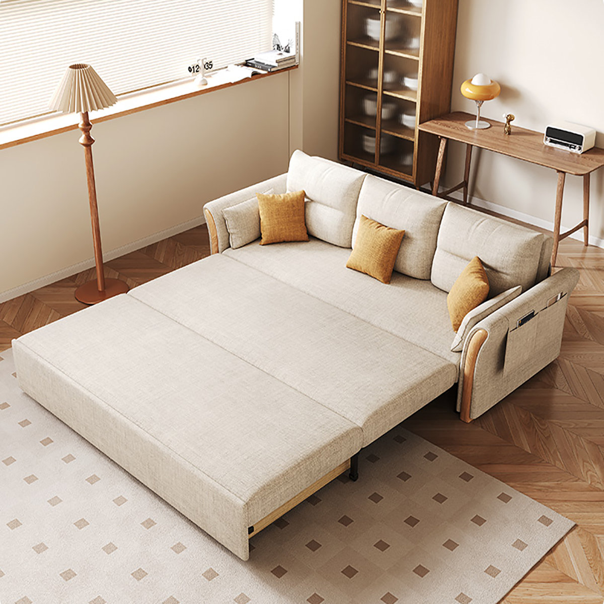 Coxambrey Beige Modern Minimalist Cotton Linen Sofa Bed with Cushions ...