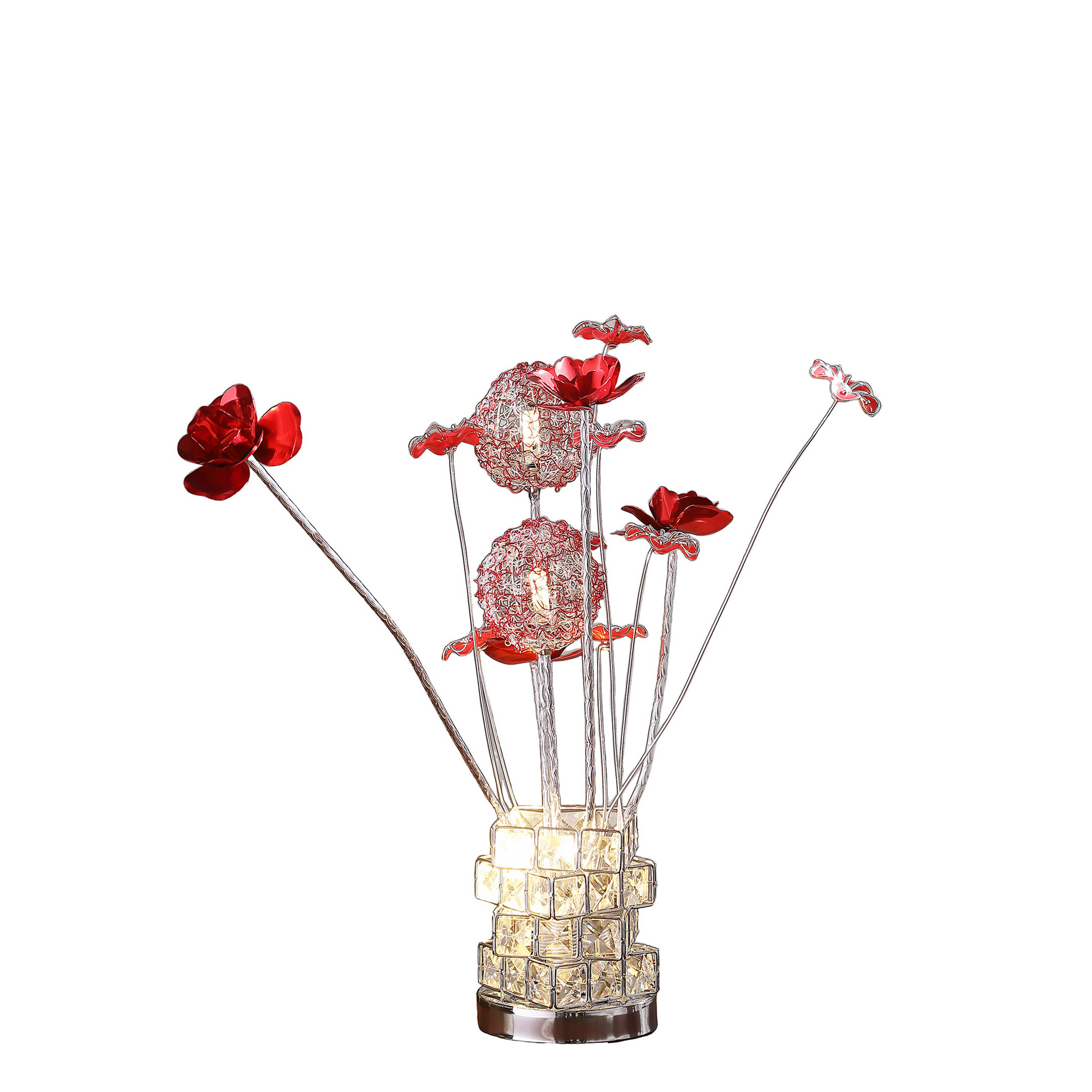 Benjara Accent Table Lamp, LED, Red Roses, Crystal Square Vase, Chrome ...