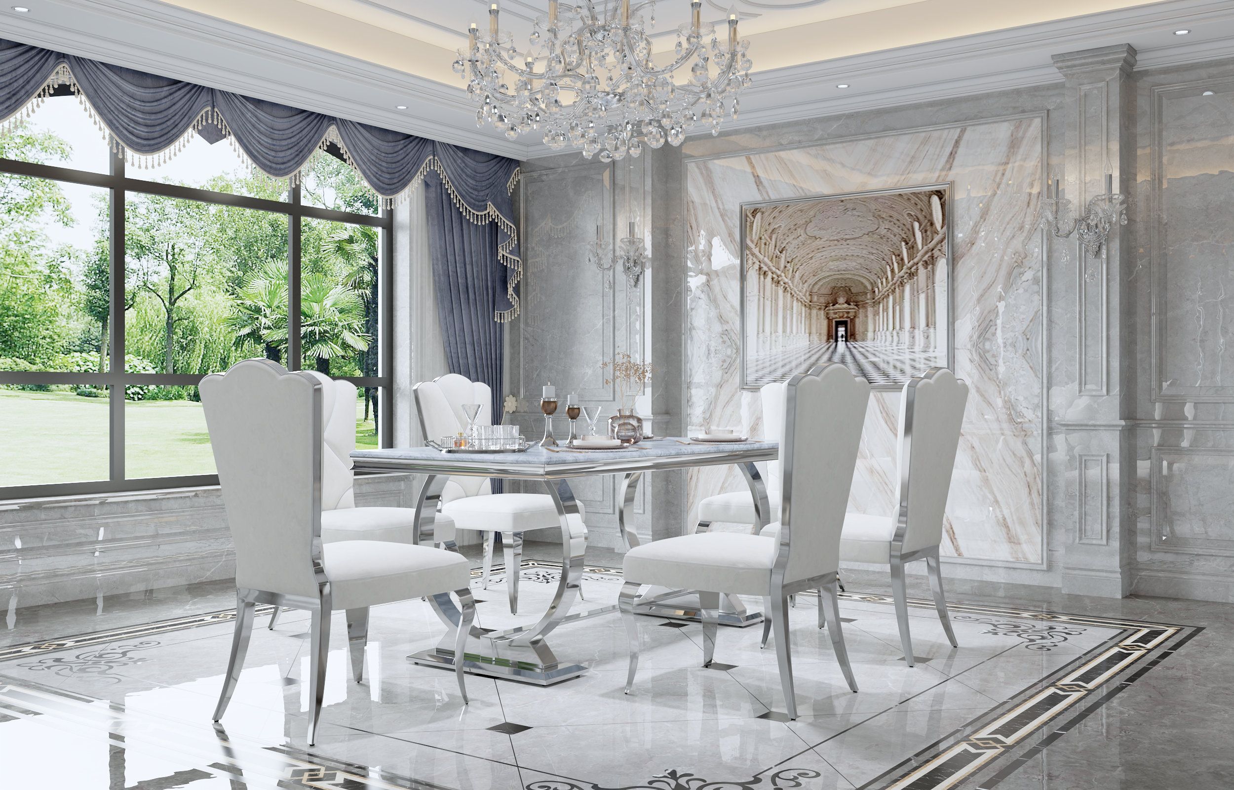 Rosdorf Park Luxury White And Silver Dining Table Set With White Velvet ...