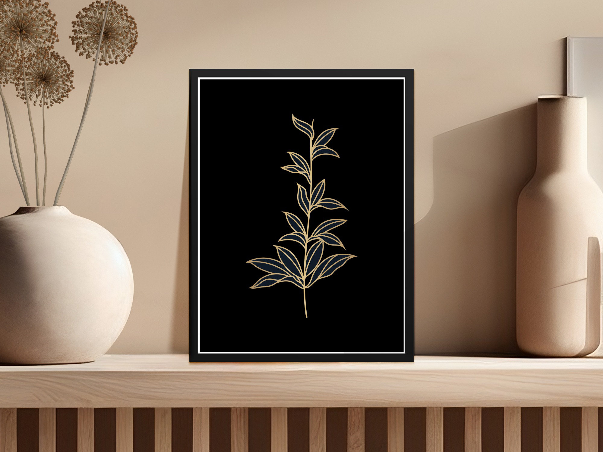 Lark Manor Golden Leaf Elegant Plant Design Black Background Framed ...