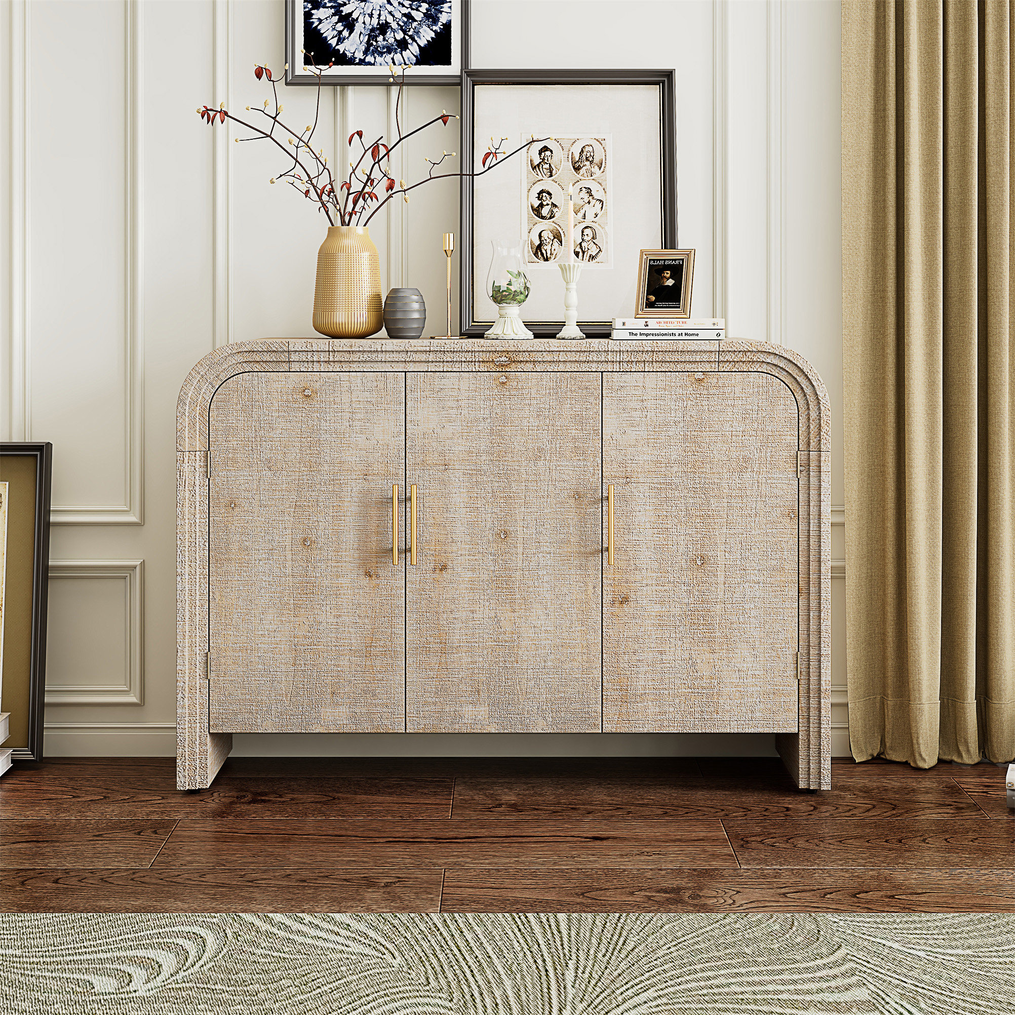 Gracie Oaks Retro Minimalist Curved Sideboard With Gold Handles And ...
