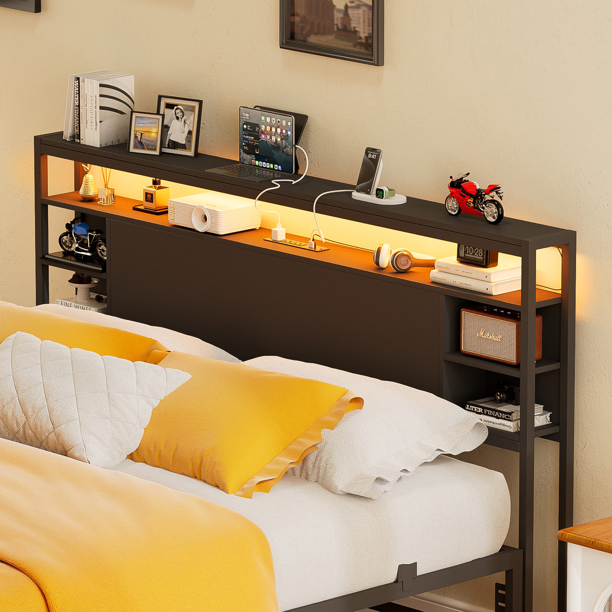 Wrought Studio™ Lenus Wood Headboard with Led Lights & Charging Station ...