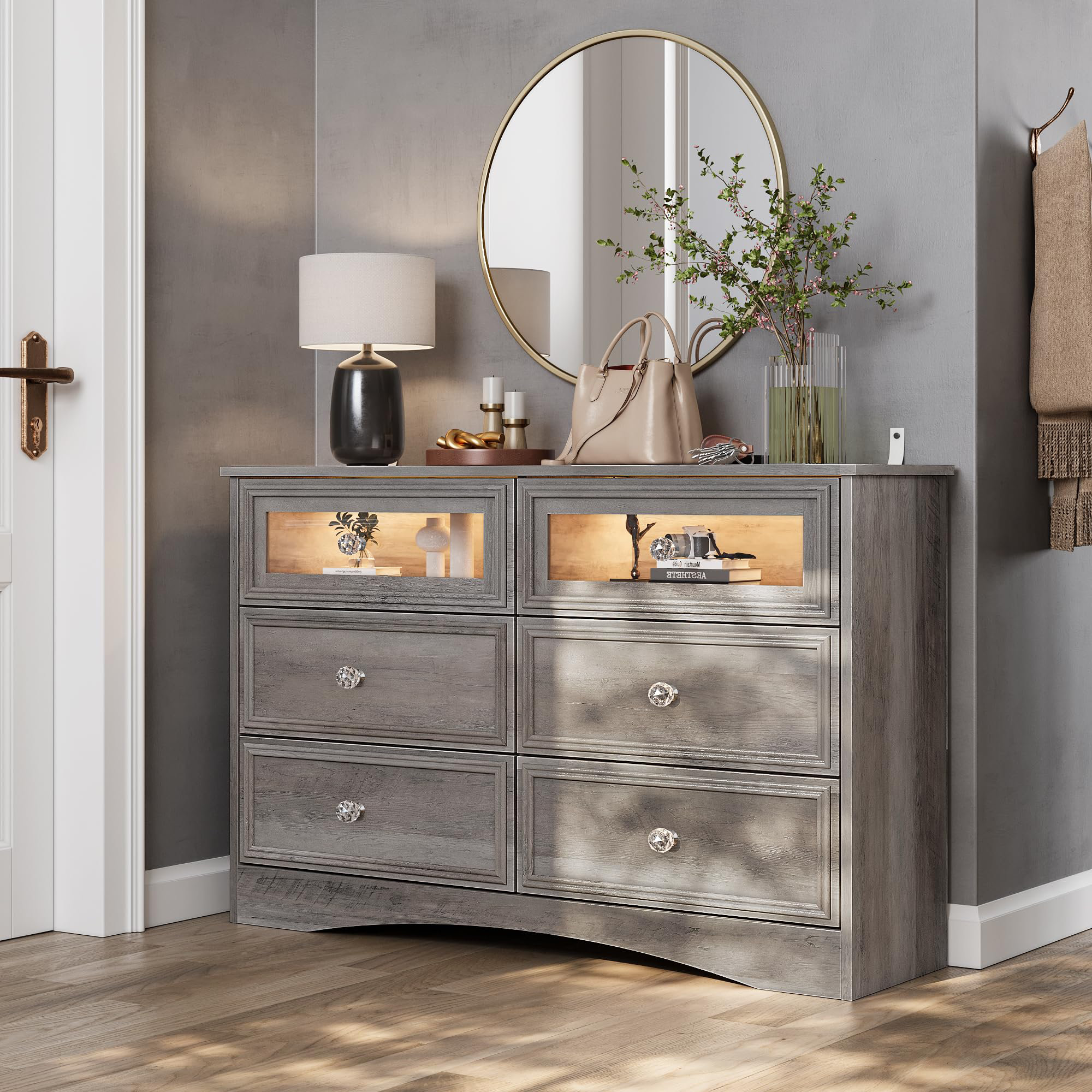 Winston Porter 6 Drawer Dresser with LED Light, Dressers for Bedroom, Modern Chest of Drawers ...