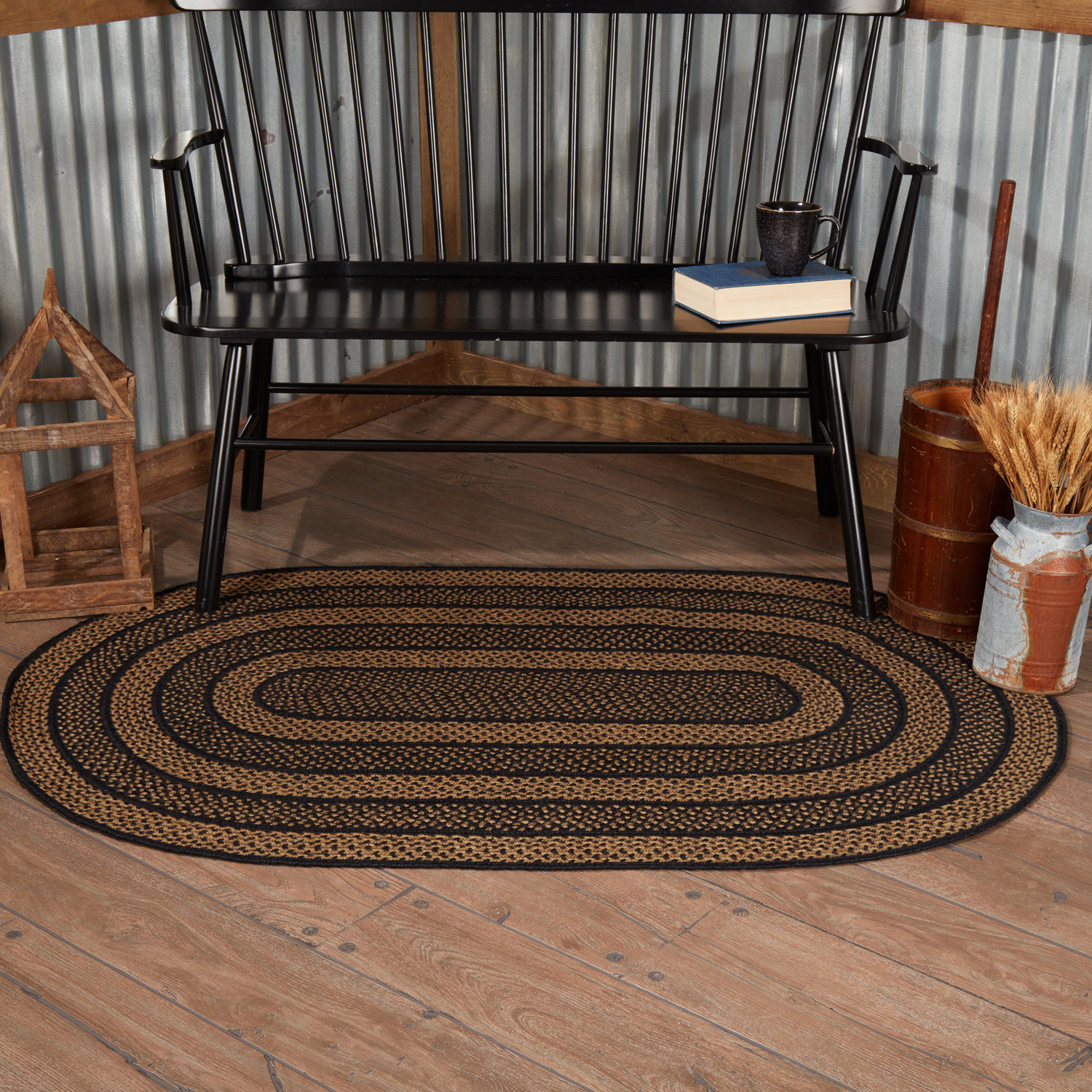 August Grove Oval Anzla Geometric Braided Black/Dark Tan Area Rug | Wayfair