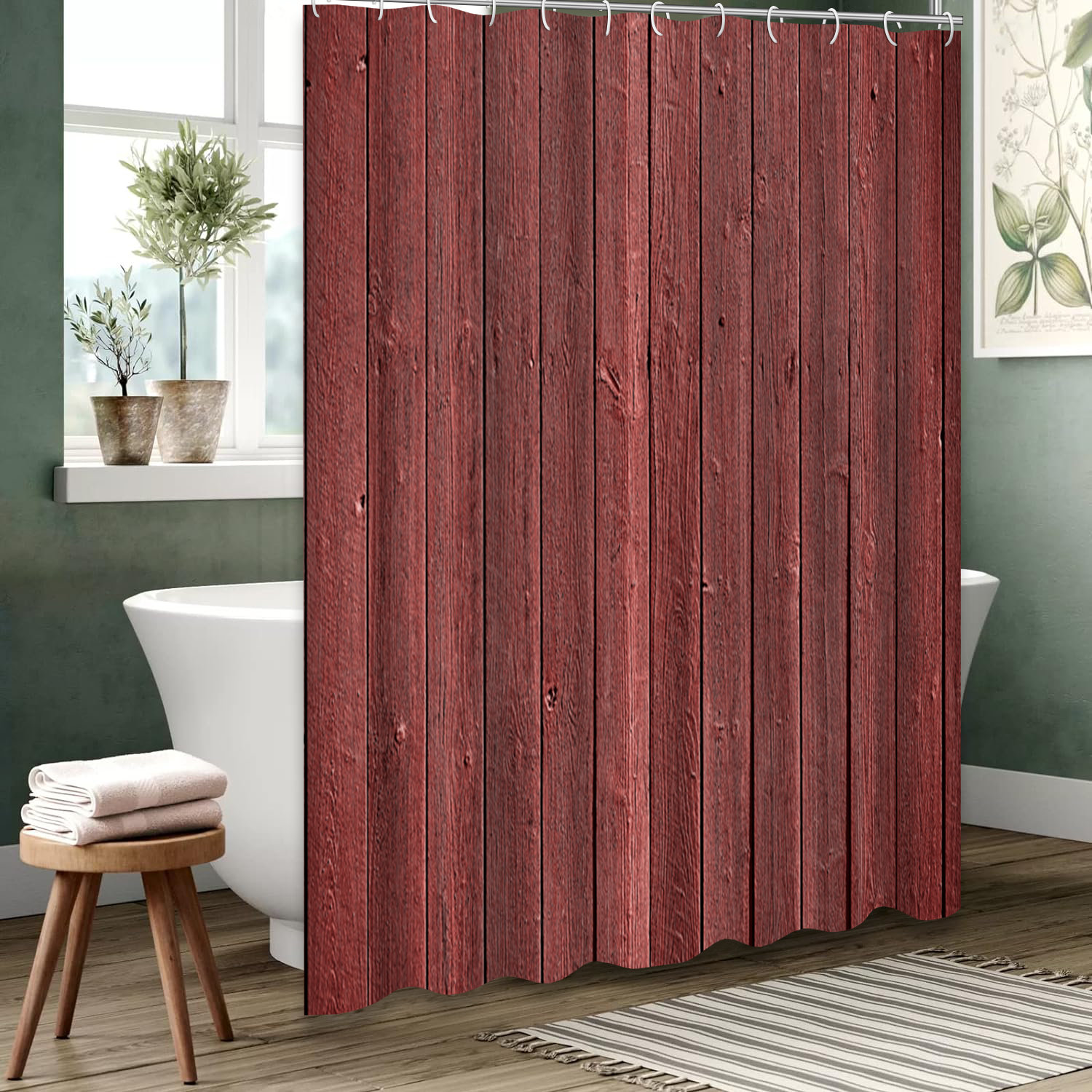 East Urban Home Maroon Waterproof Shower Curtain,Old Grunge Wood Color Year Barn Red Rustic ...