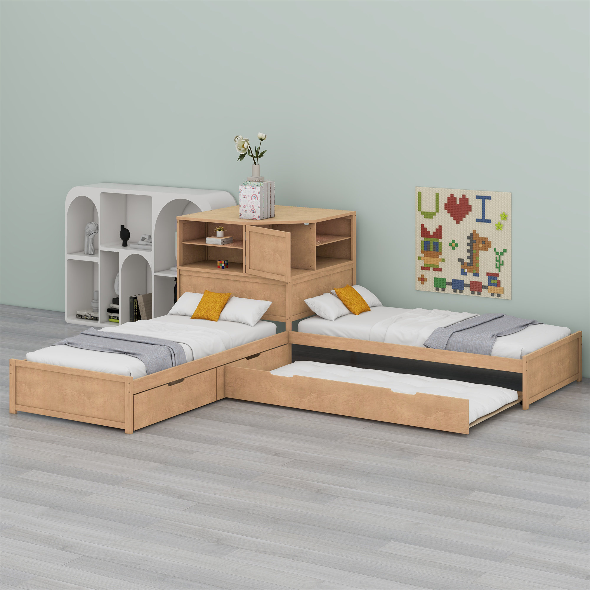 Ivy Bronx L-Shaped Combination Bed With Trundle And Drawer,3-In-1 Low ...