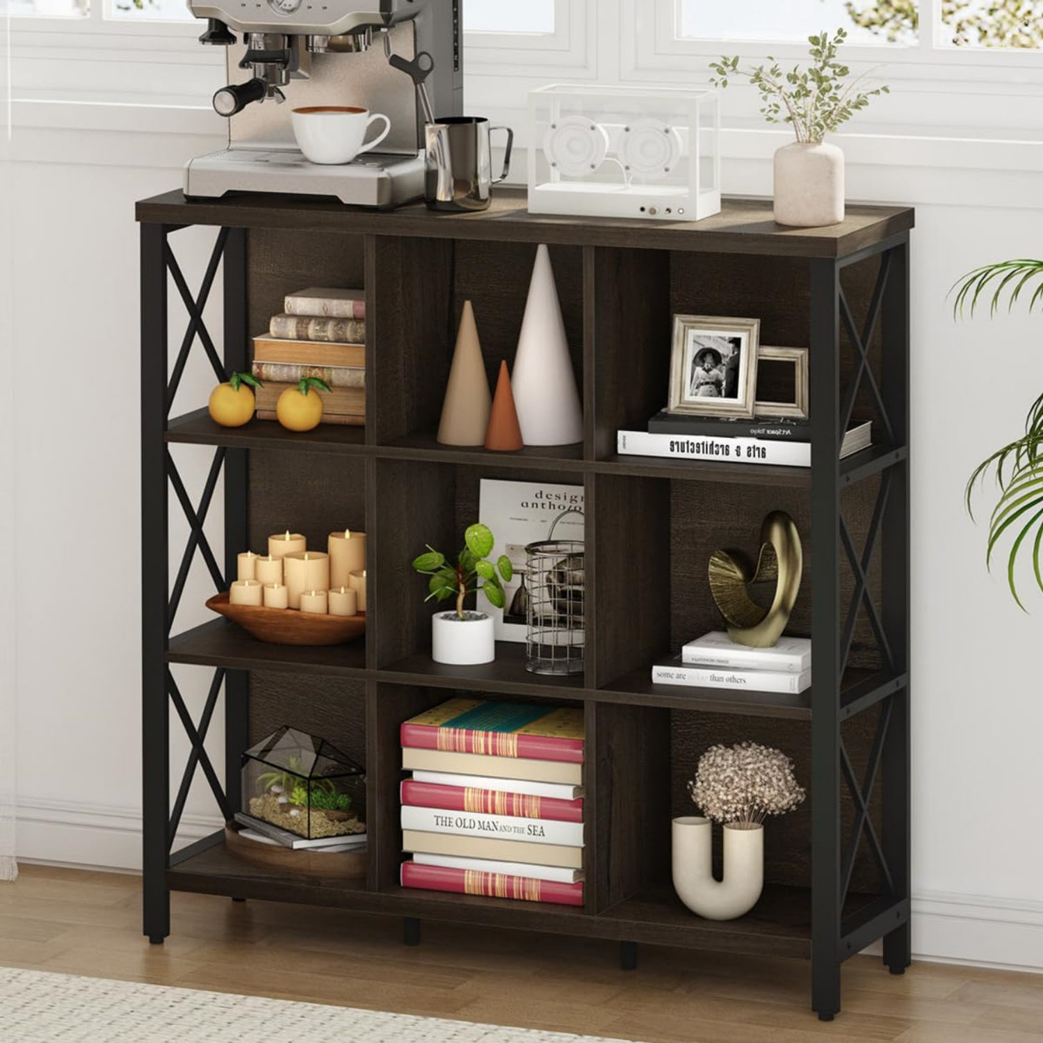 Gracie Oaks 9 Cube Storage Bookshelf, Modern 4 Tier Bookshelf, Wood and ...