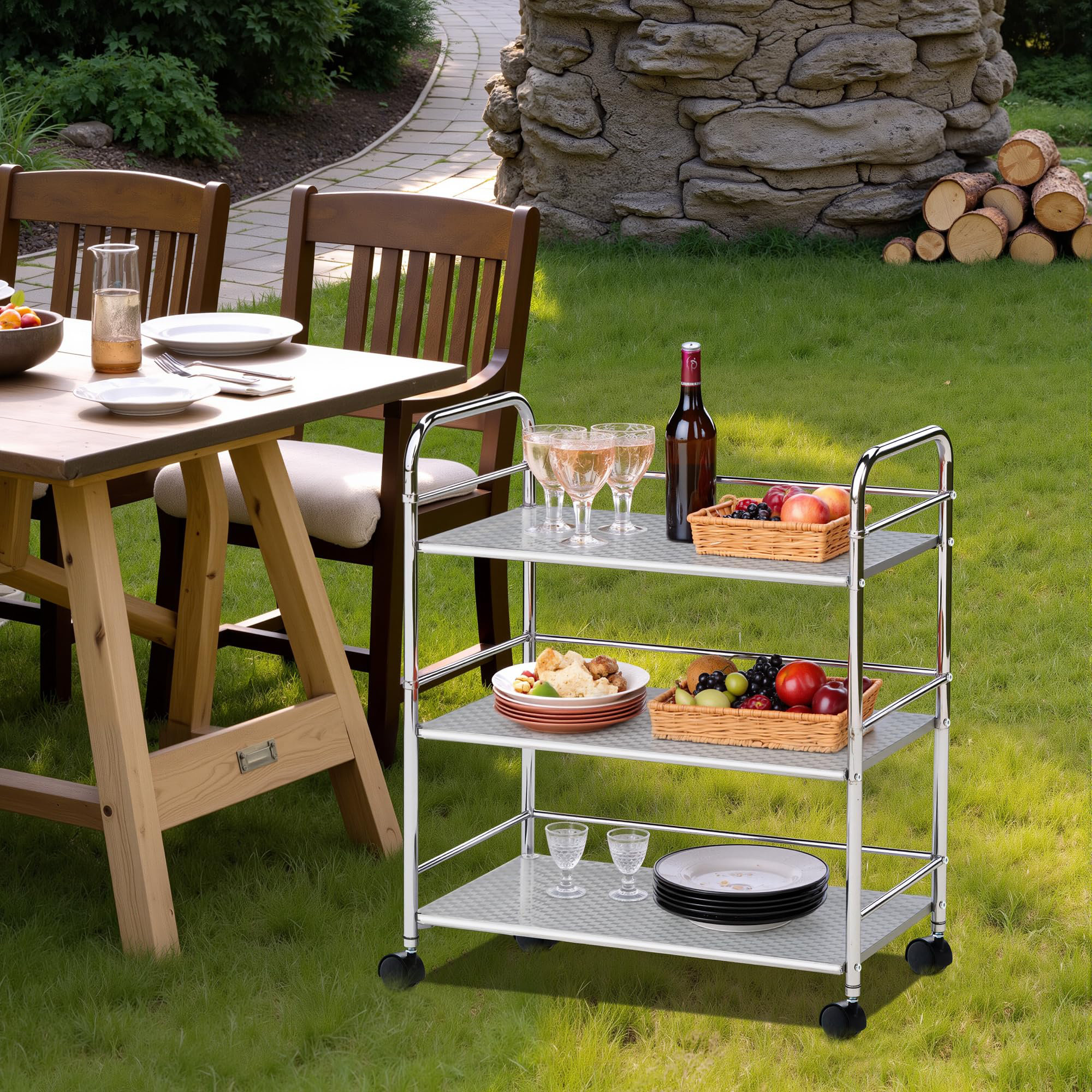 Rebrilliant 3 Tier Rolling Bar Cart Stainless Steel Kitchen Island ...