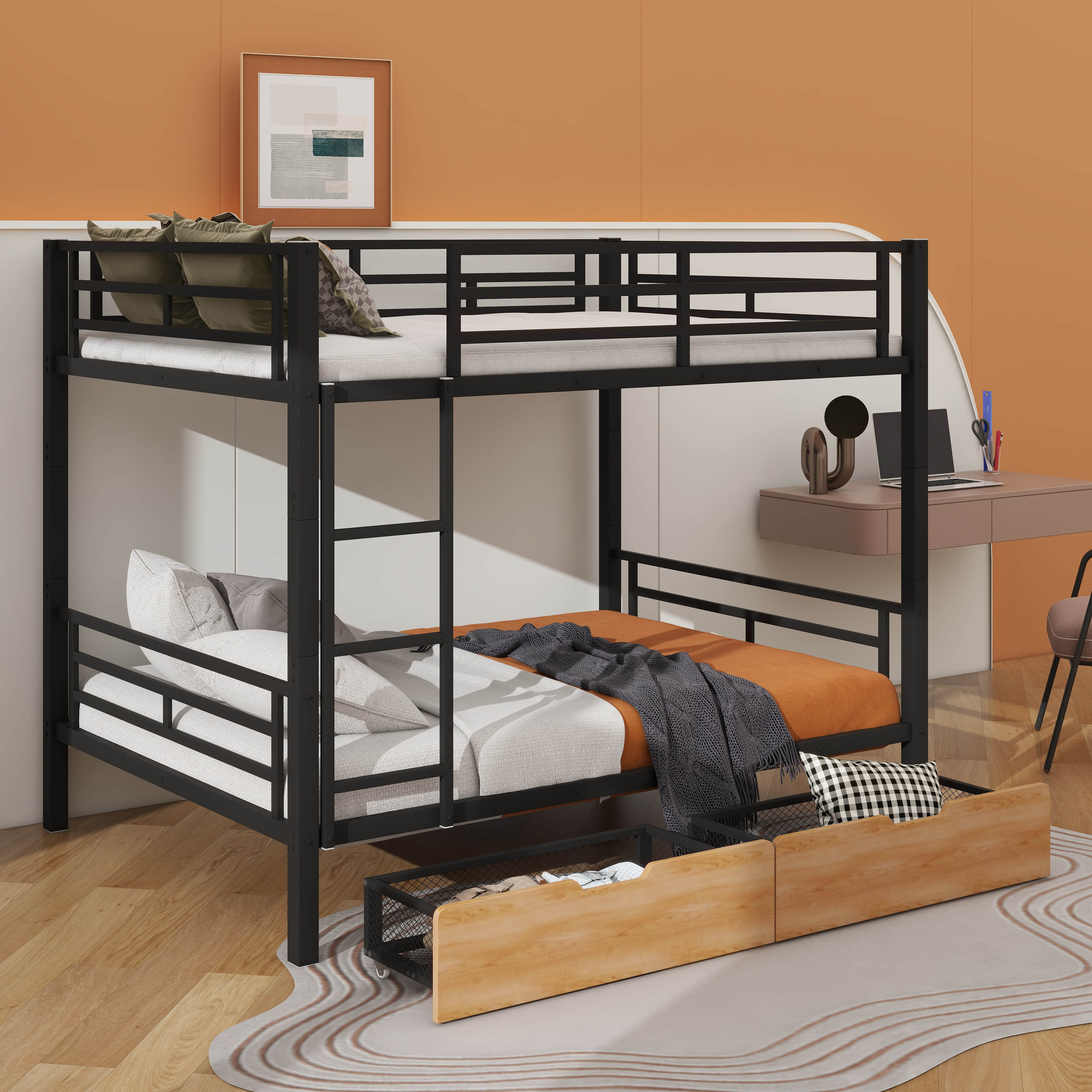 Latitude Run® Full-Size Metal Convertible Bunk Bed With Two Built-In ...