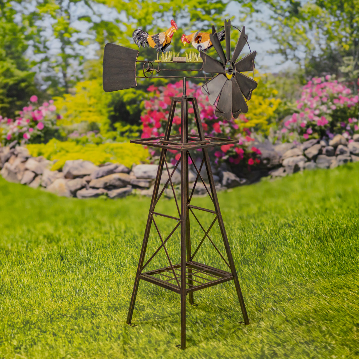 Williston Forge 59.8" Tall Iron Windmill with Feeding Roosters ...