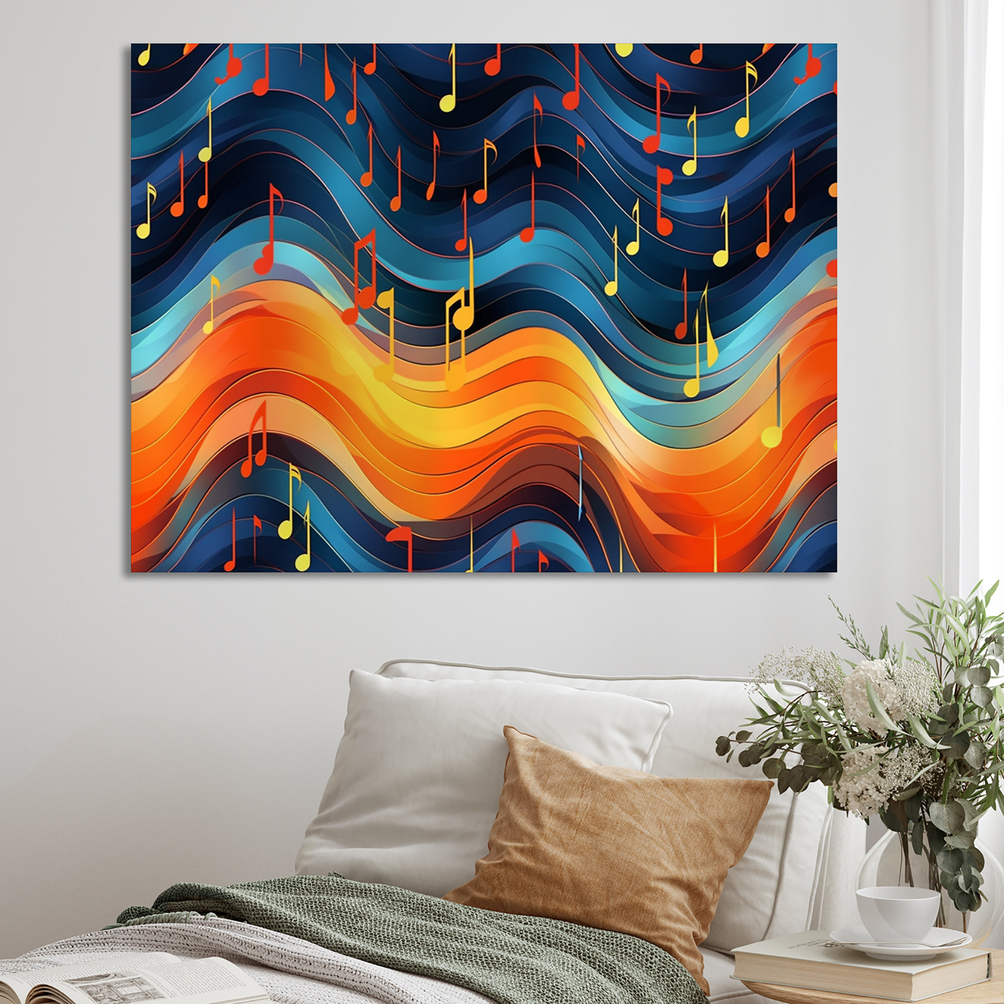 Wrought Studio™ Waves of Music Notes in Retro Orange and Blue - Print ...